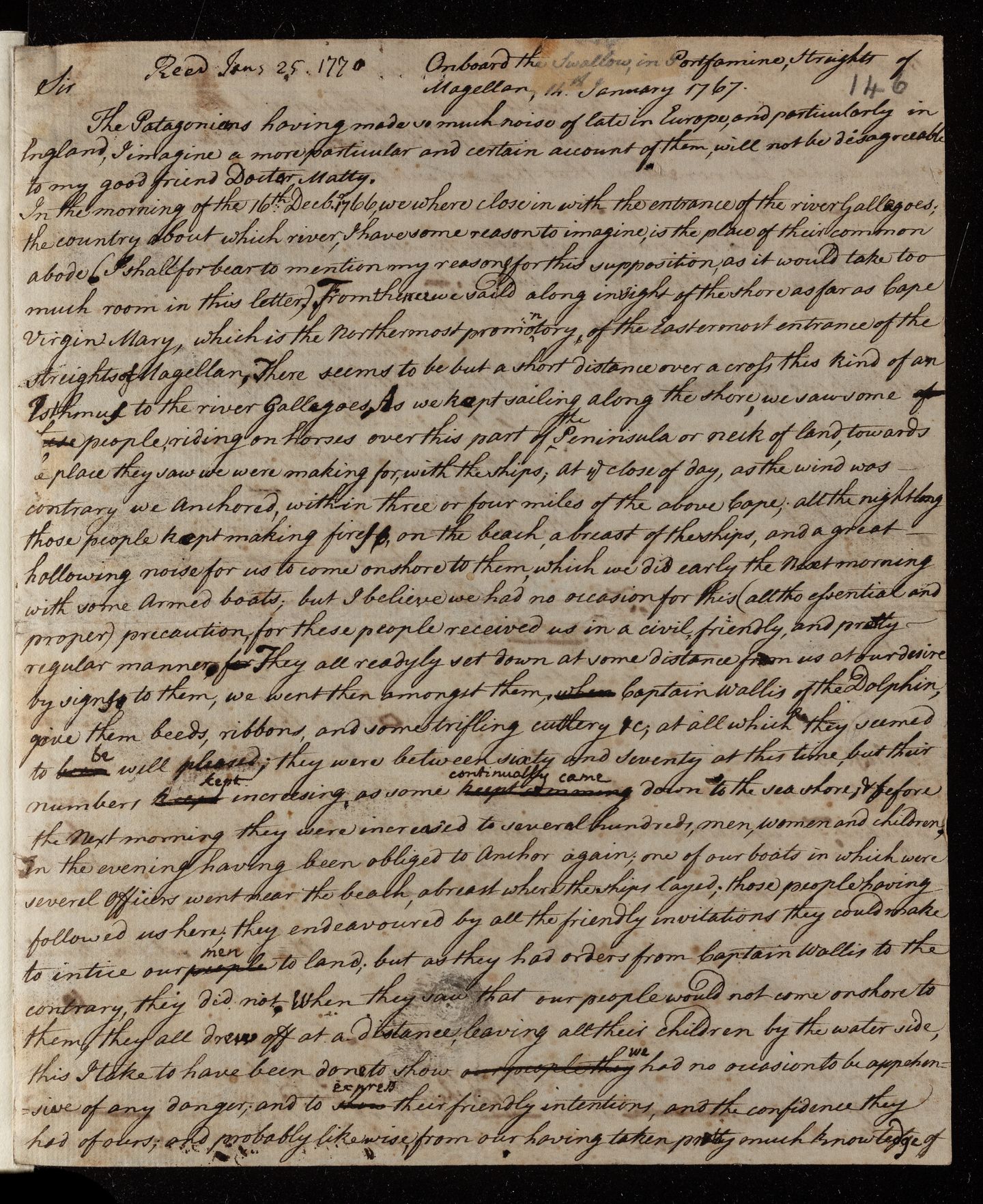 Letter, 'Of the Patagonians; written on board the the Swallow at Fort ...