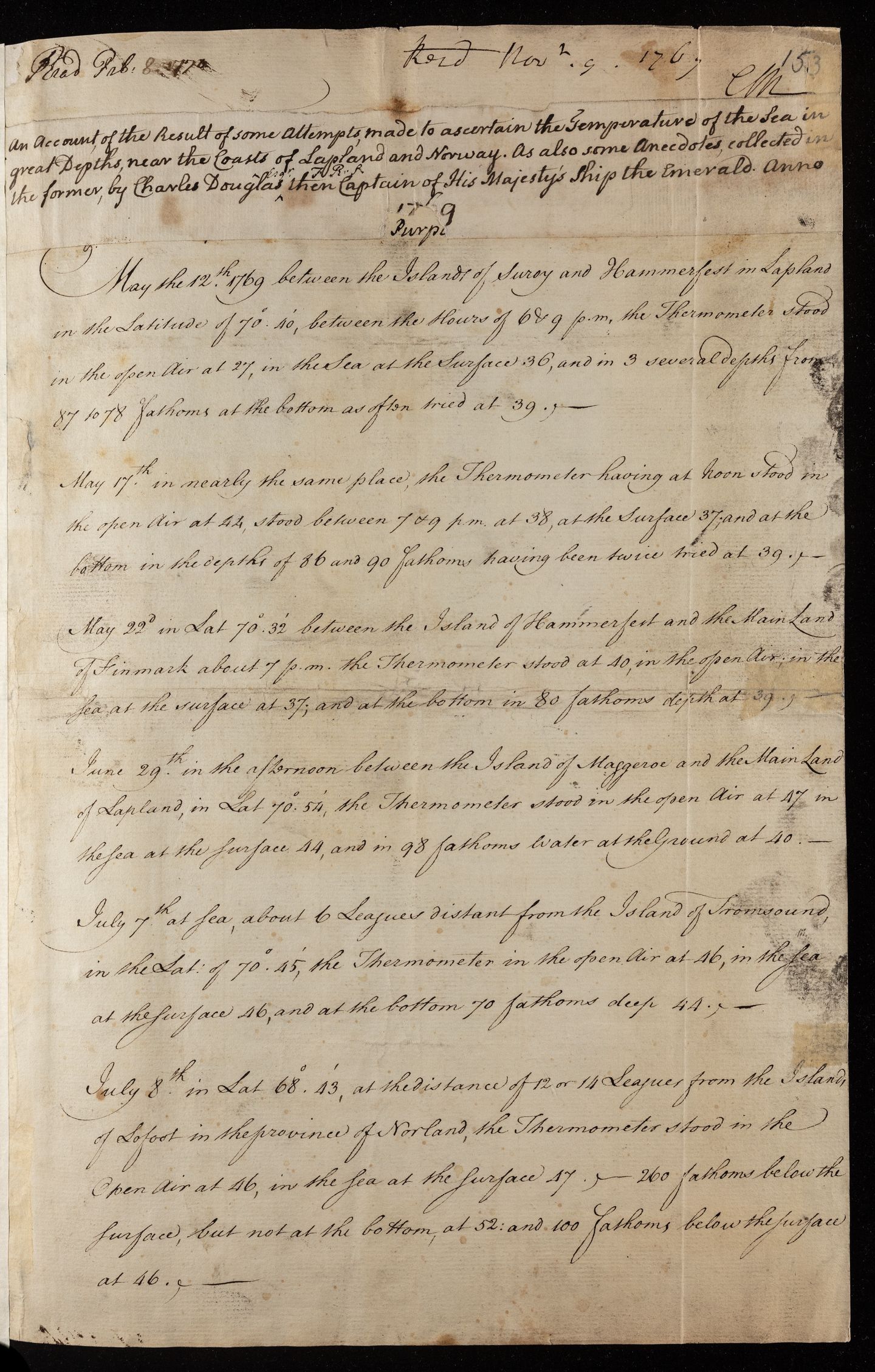 Paper, 'Attempts to ascertain the temperature of the sea at great ...