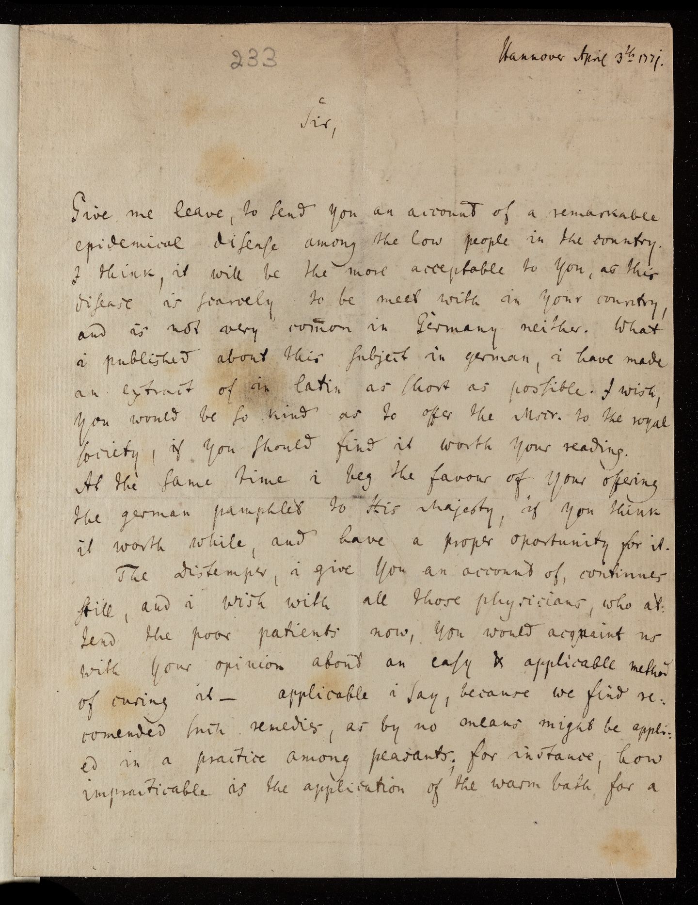Letter, 'Of an epidemic in Hanover' from F E Wichmann to the Royal ...