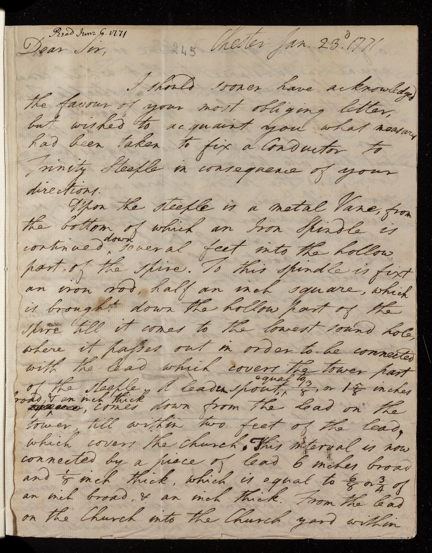 Letter, 'Of a lightning conductor fixed on the steeple of Trinity ...