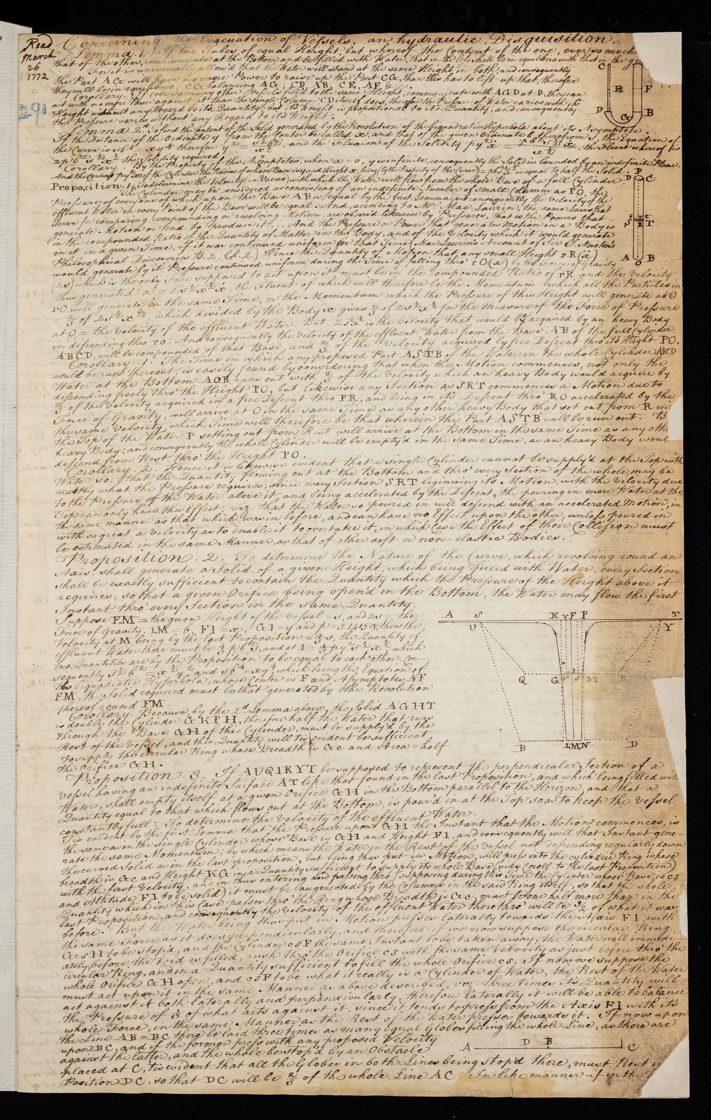 Letter, 'Concerning the evacuation of vessels; a hydraulic disquisition ...