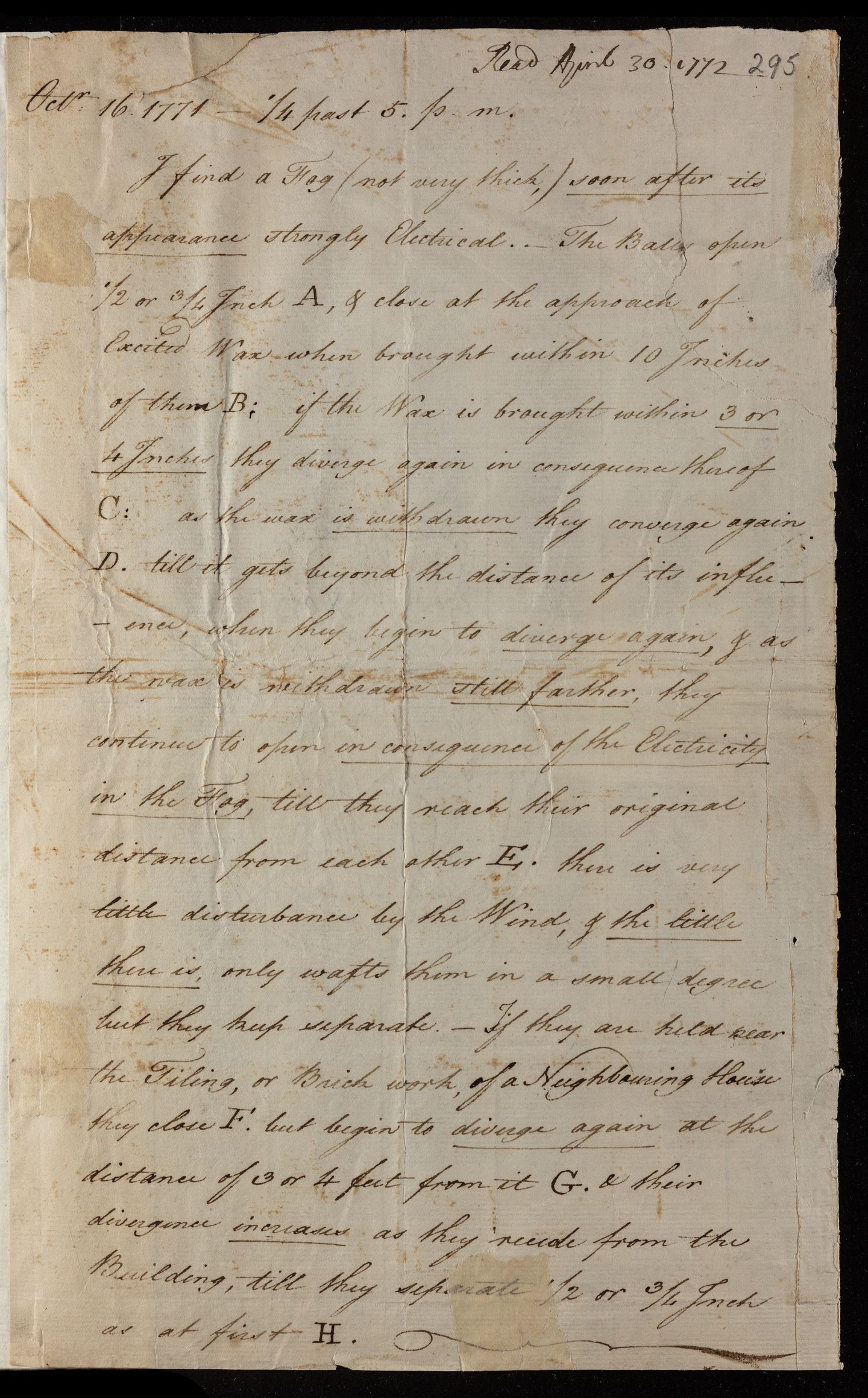 Letter, 'On electrical phenomena' from Thomas Ronayne to Benjamin ...