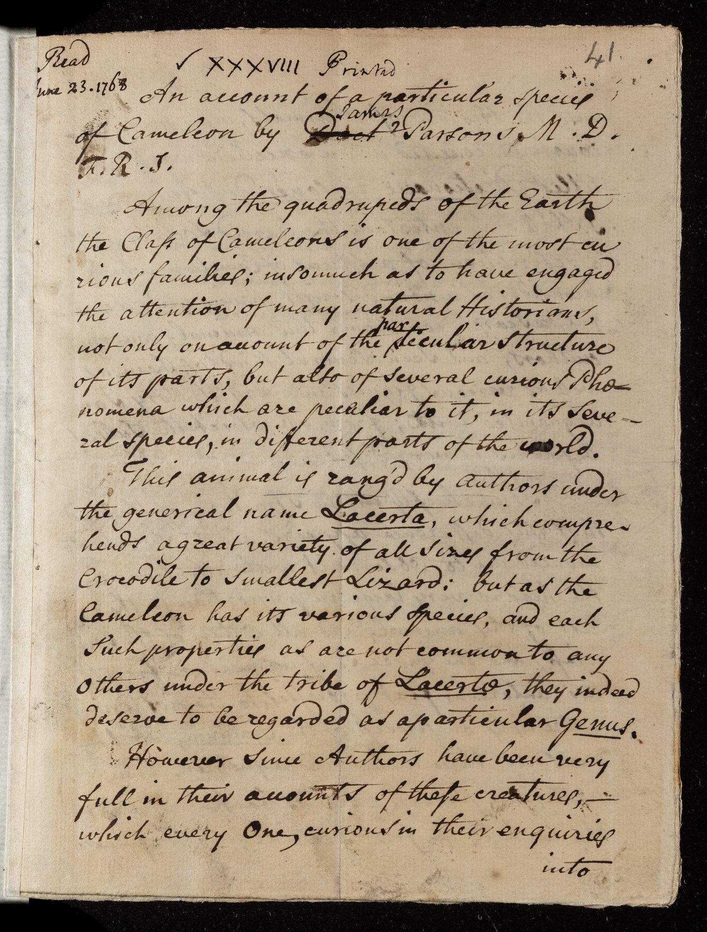 Paper, 'Of a chameleon' by James Parsons | The Royal Society: Science ...