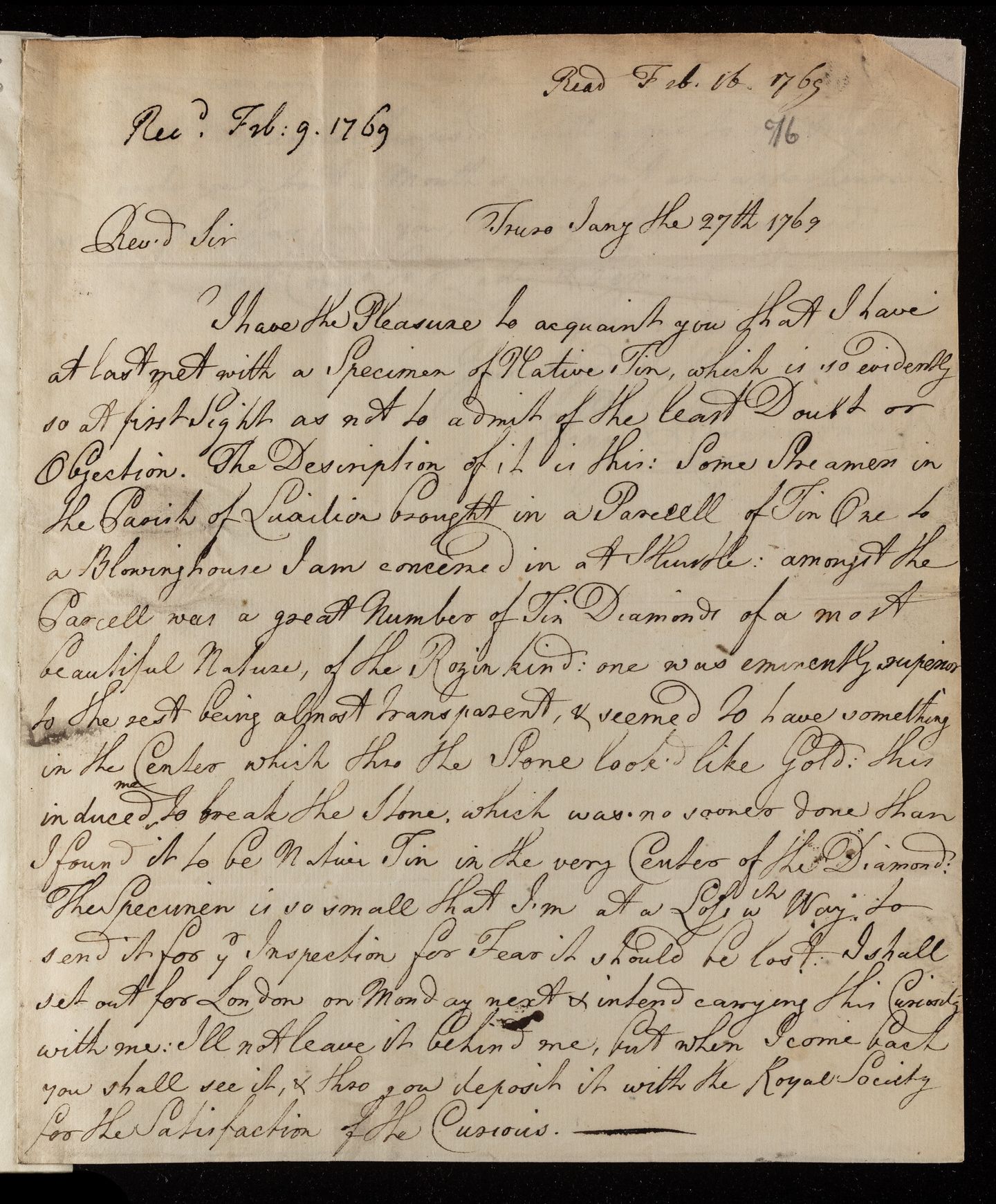 Letters, 'On a specimen of native tin' from Henry Rosevarne and William ...