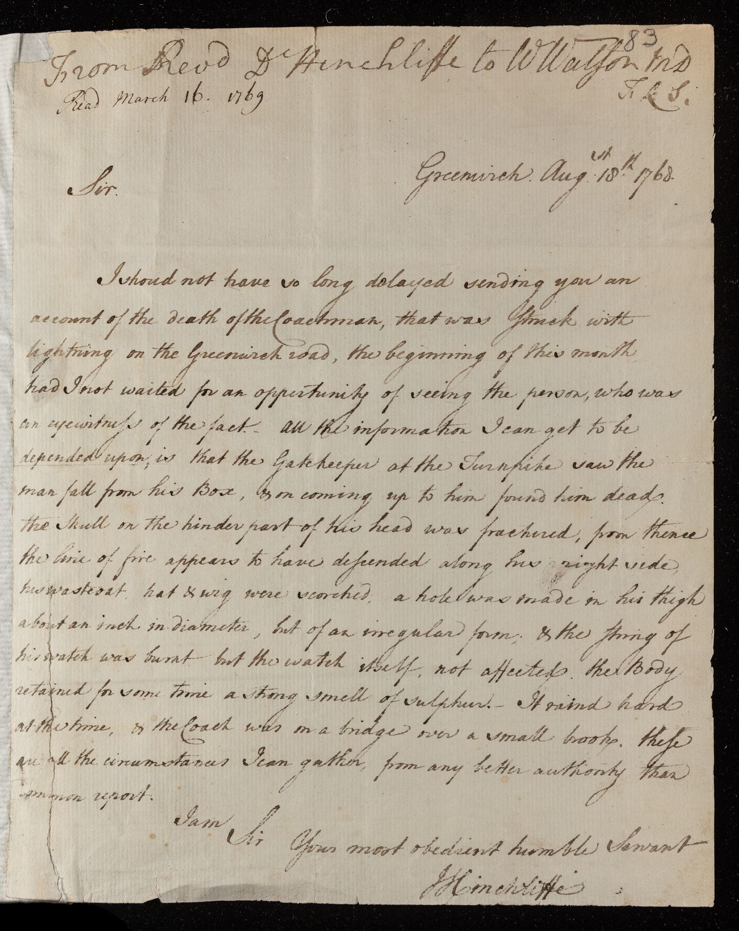 Letter, 'Of a death from lightning' from J Hinchcliffe to William ...