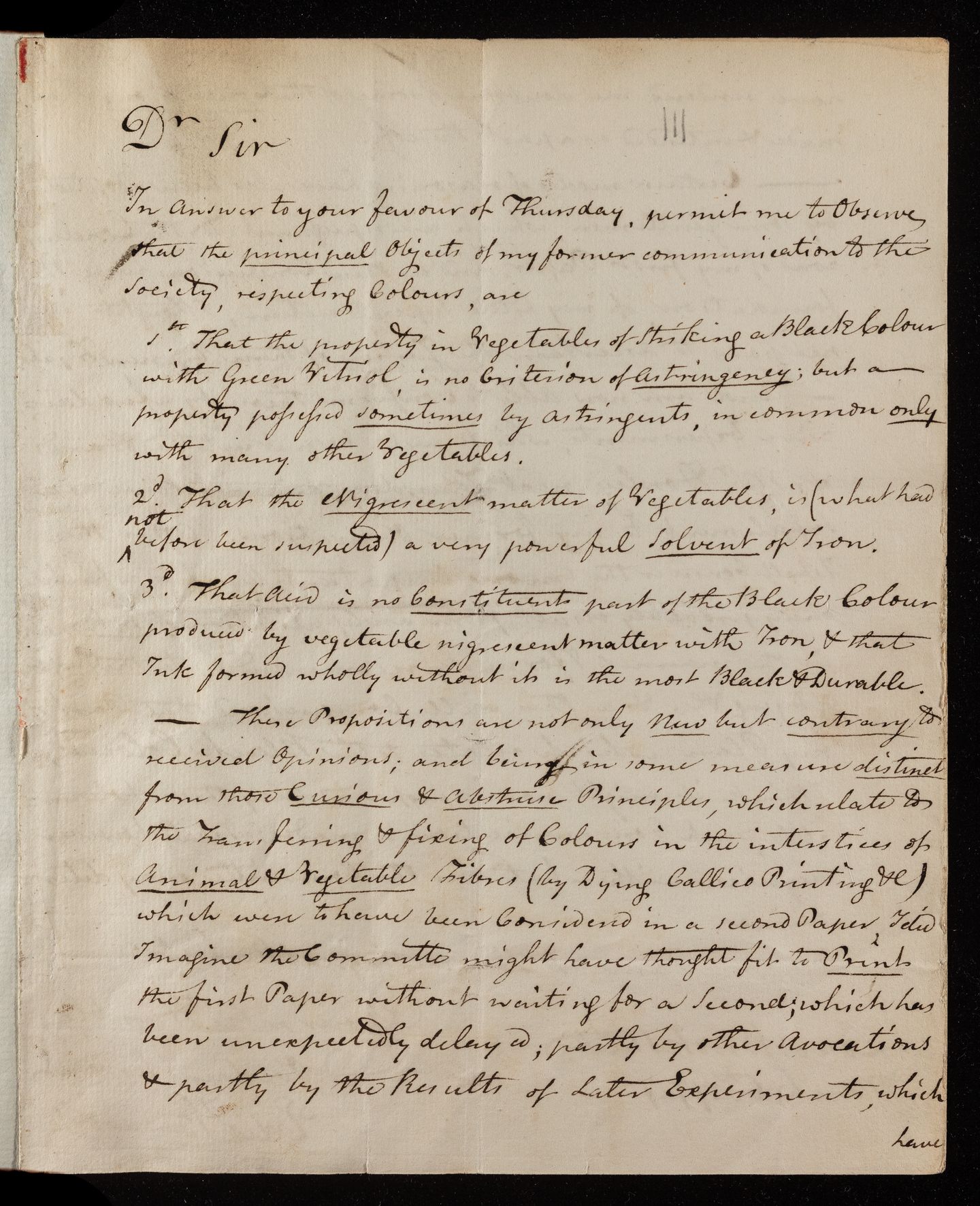 Letter, 'Note on nigrescent vegetables' from Edward Bancroft to John ...