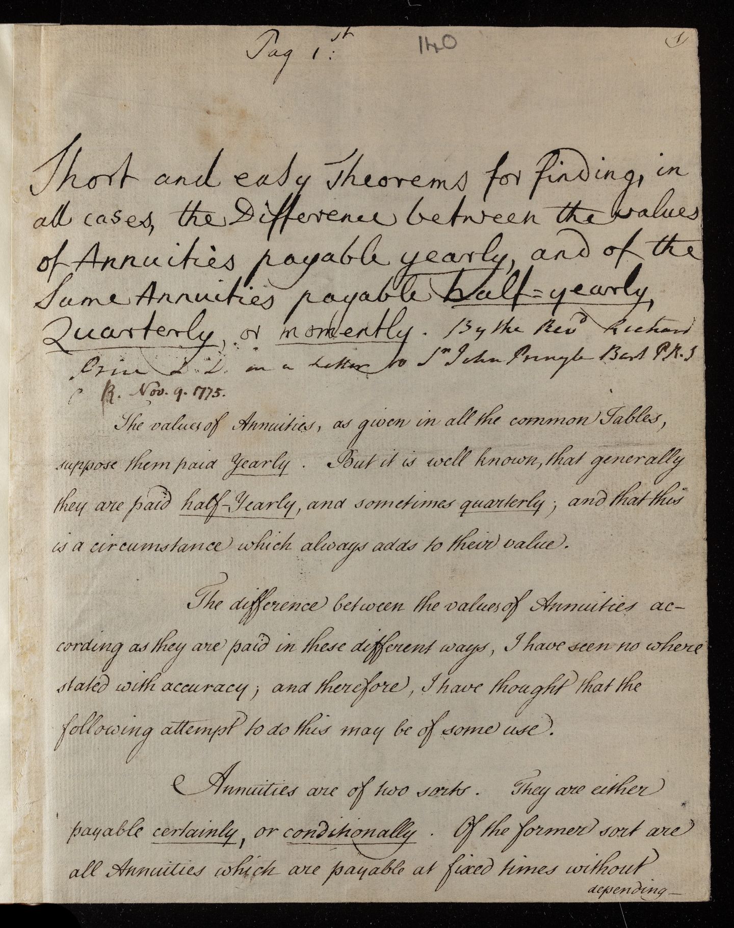 Letter, 'Of life annuities' from Richard Price to John Pringle | The ...