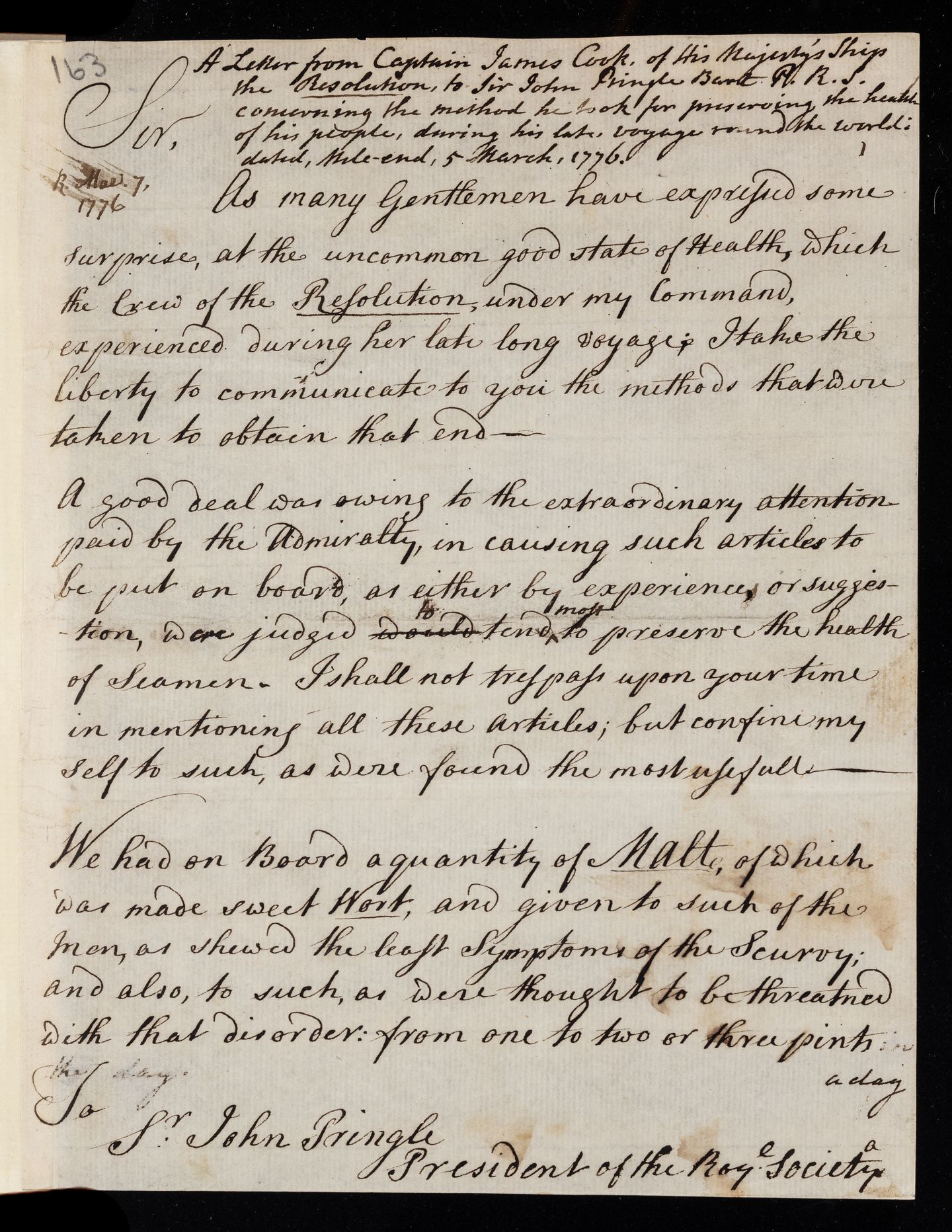 Letter, 'How health was kept on board the Resolution' from James Cook ...
