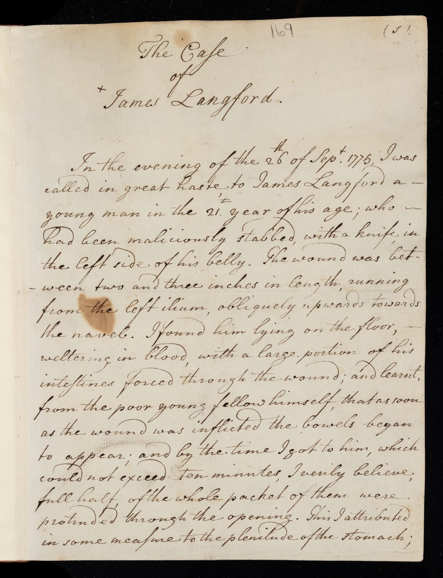 Letter, 'The case of James Langford, a cure of wounded intestines' from ...