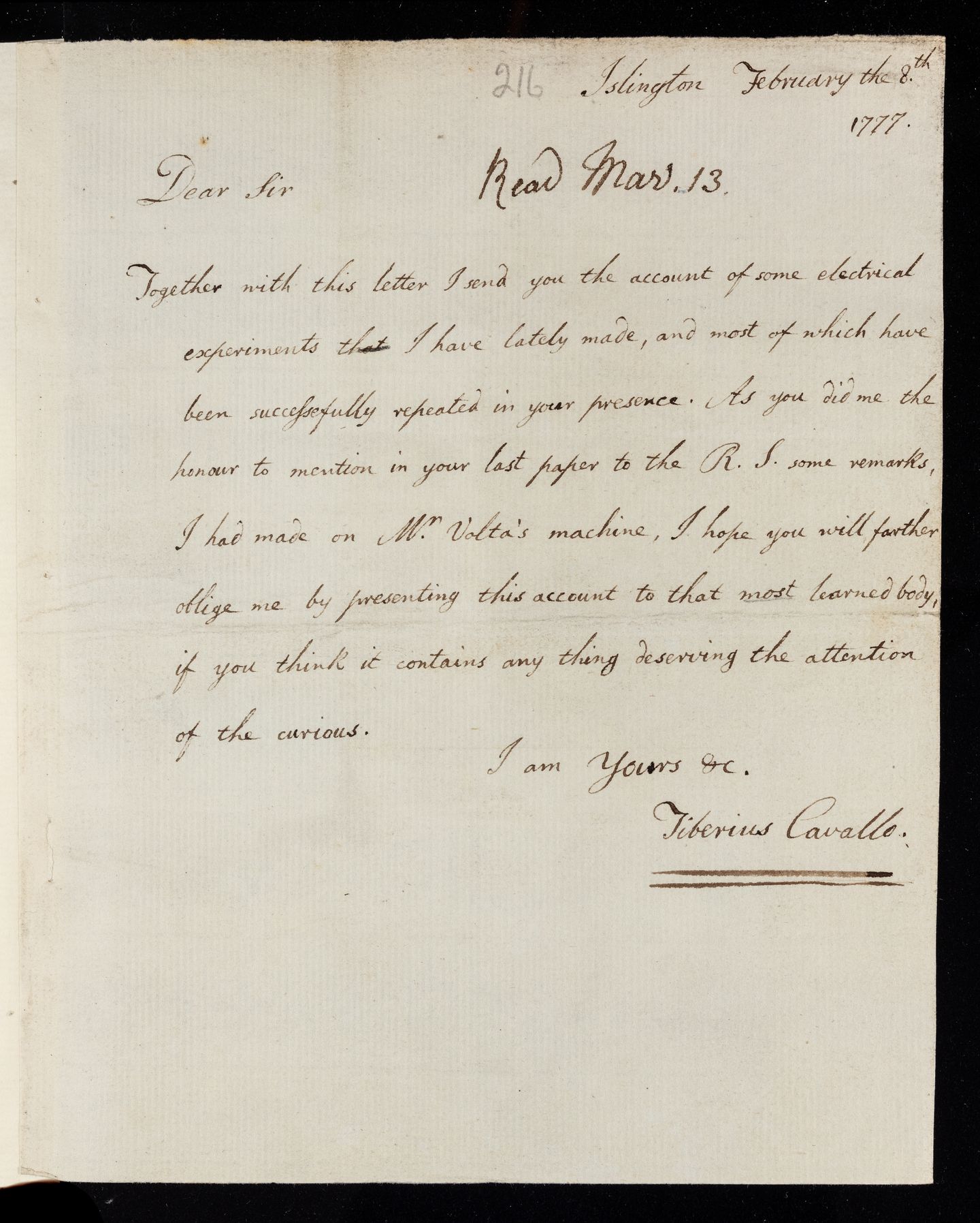 Paper, 'Account of some electrical experiments and of an atmospheric ...