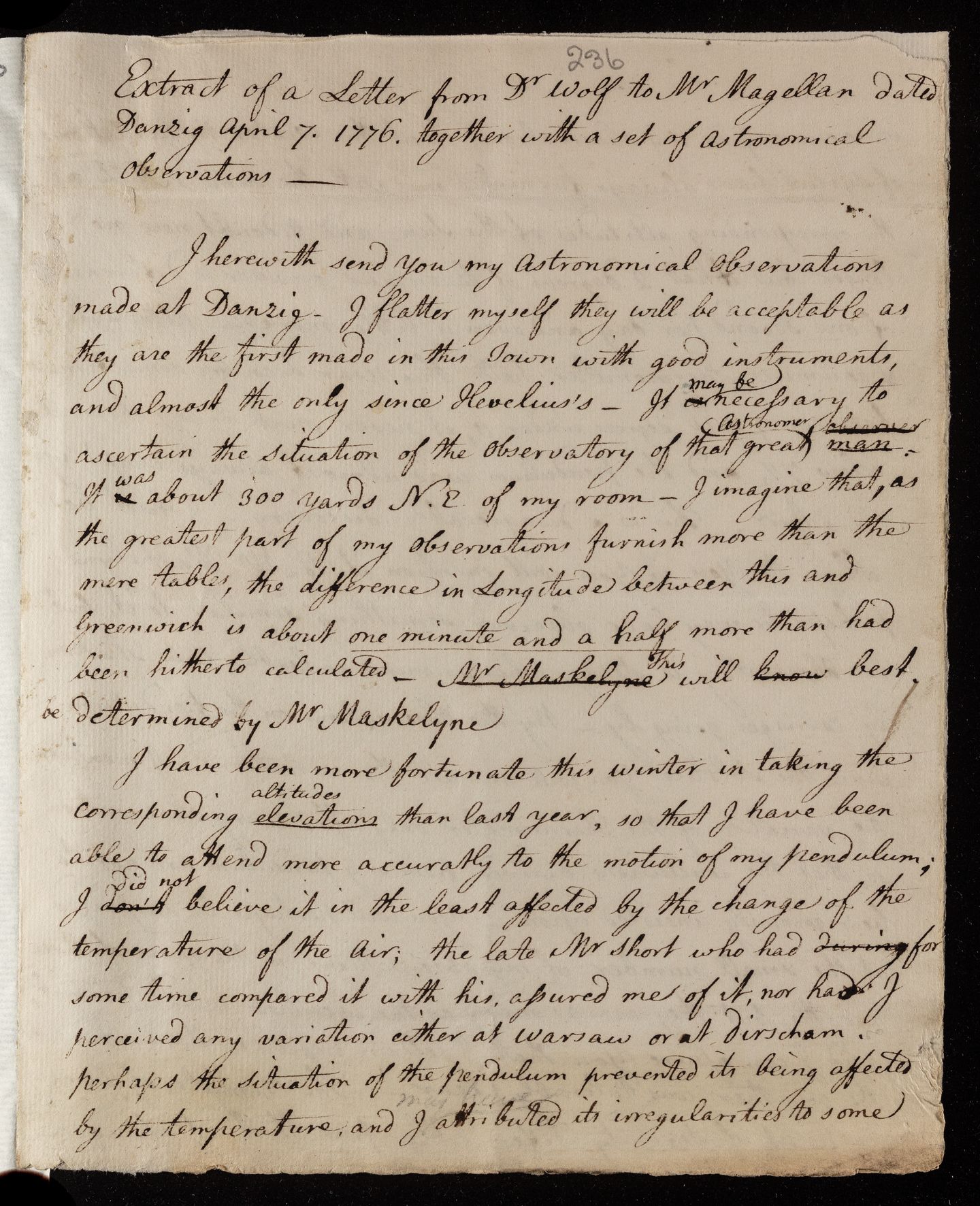 Letter, 'Astronomical observations' from Nathaniel Matthew Wolf to John ...