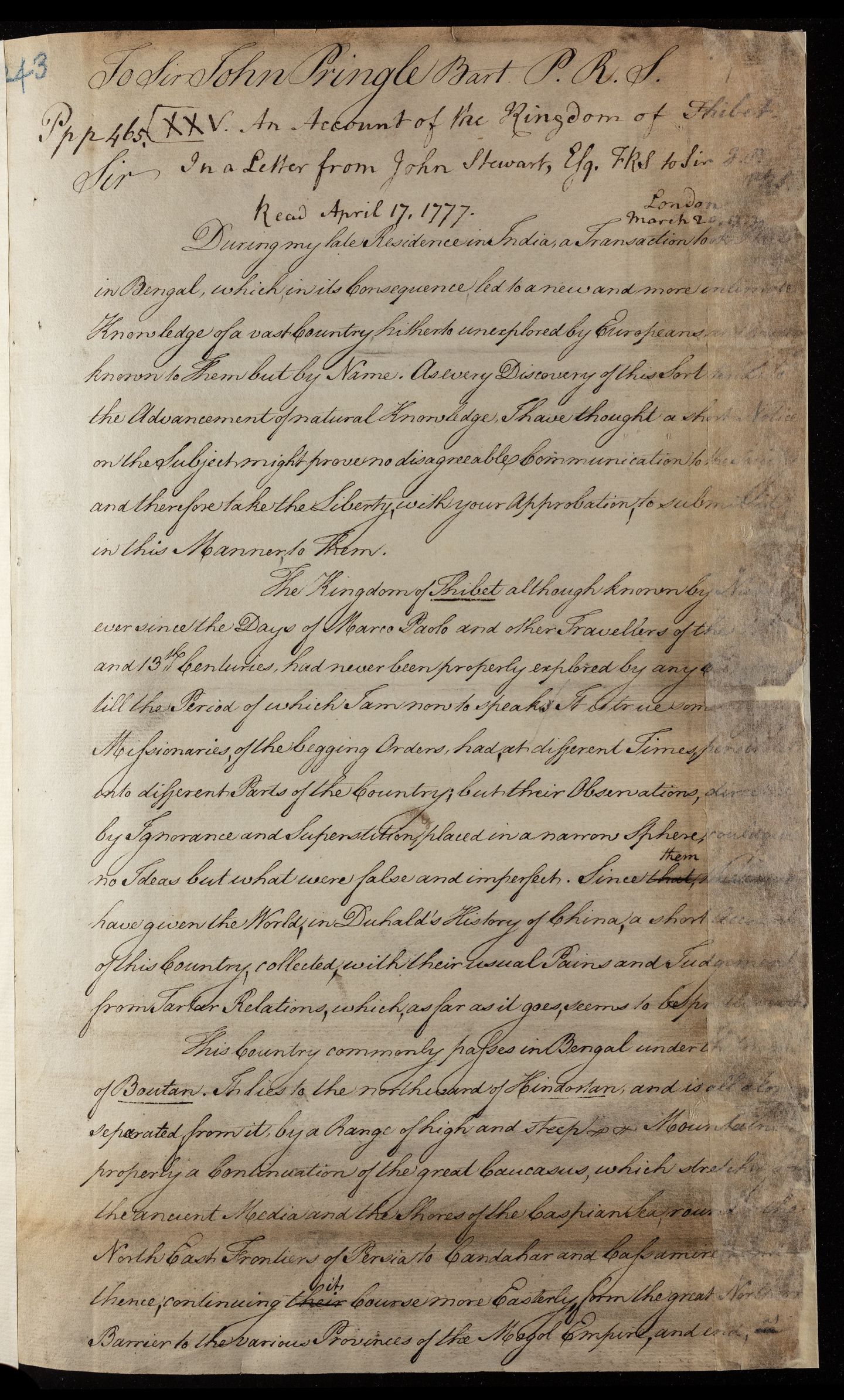 Letter, 'Account of the kingdom of Thibet' from John Stewart to John ...