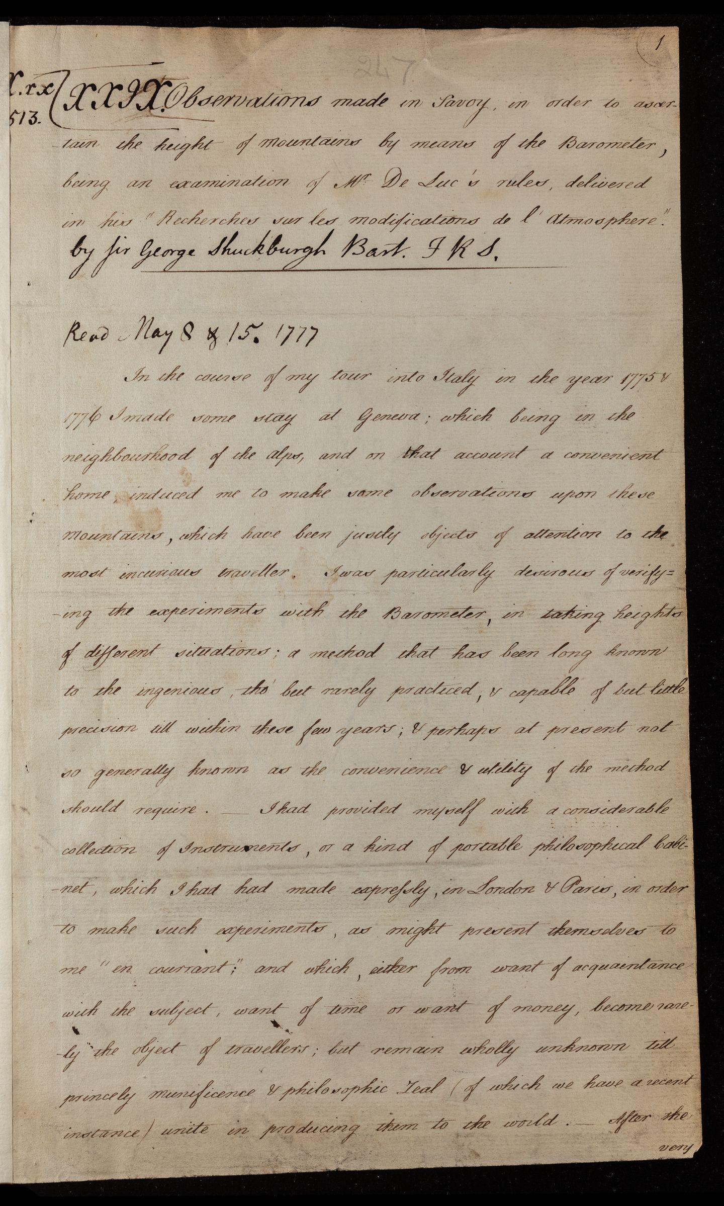 Paper, 'Experiments to ascertain the heights of mountains by the ...