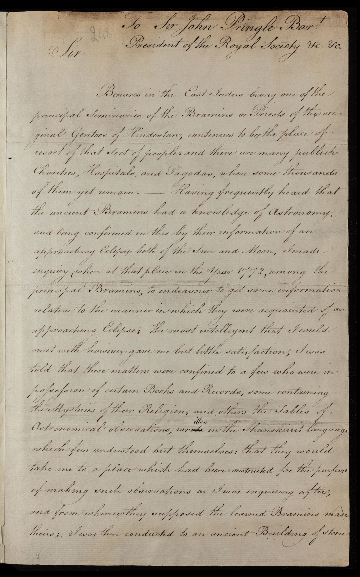 Letter, 'Of the Brahmin observatory at Benares [Jantar Mantar, Varanasi ...