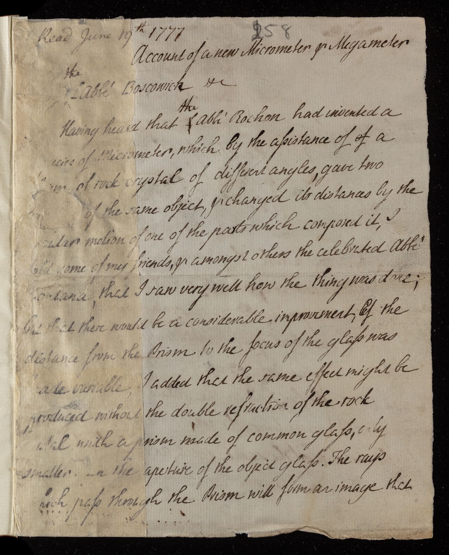 Paper, 'Of a new micrometer and megameter' by Roger Joseph Boscovich ...