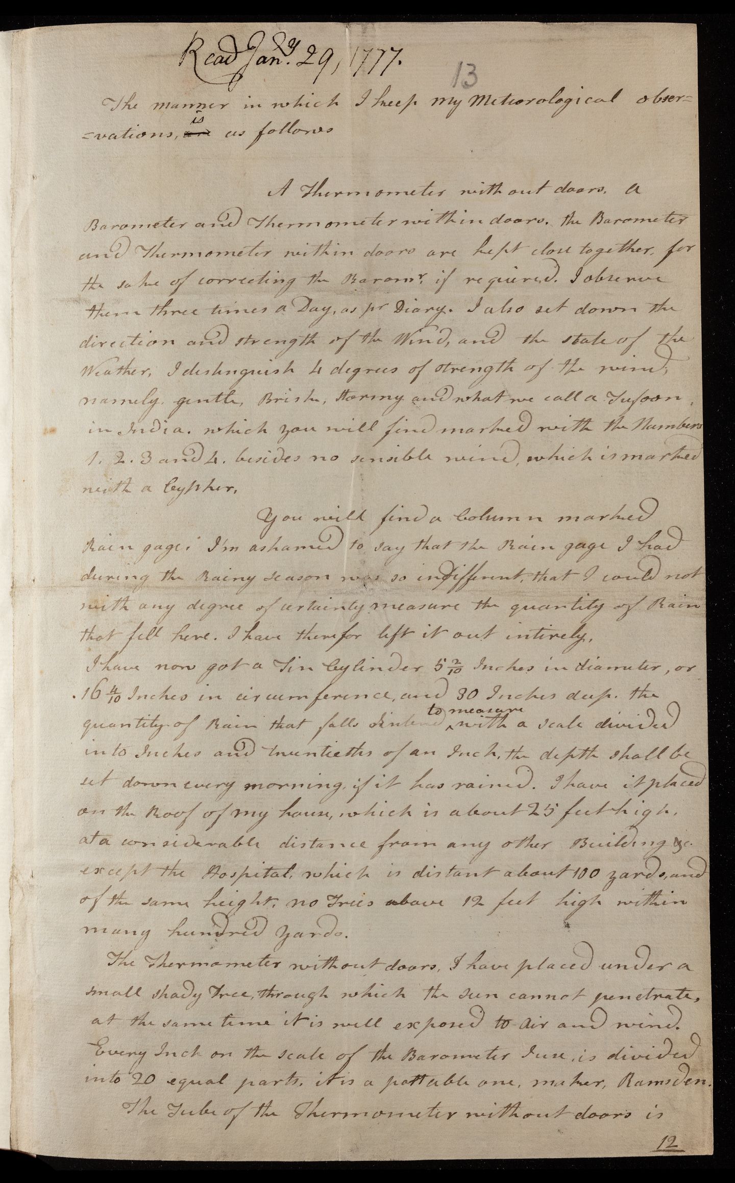 Paper, 'A meteorological diary kept at Fort St George in the East ...