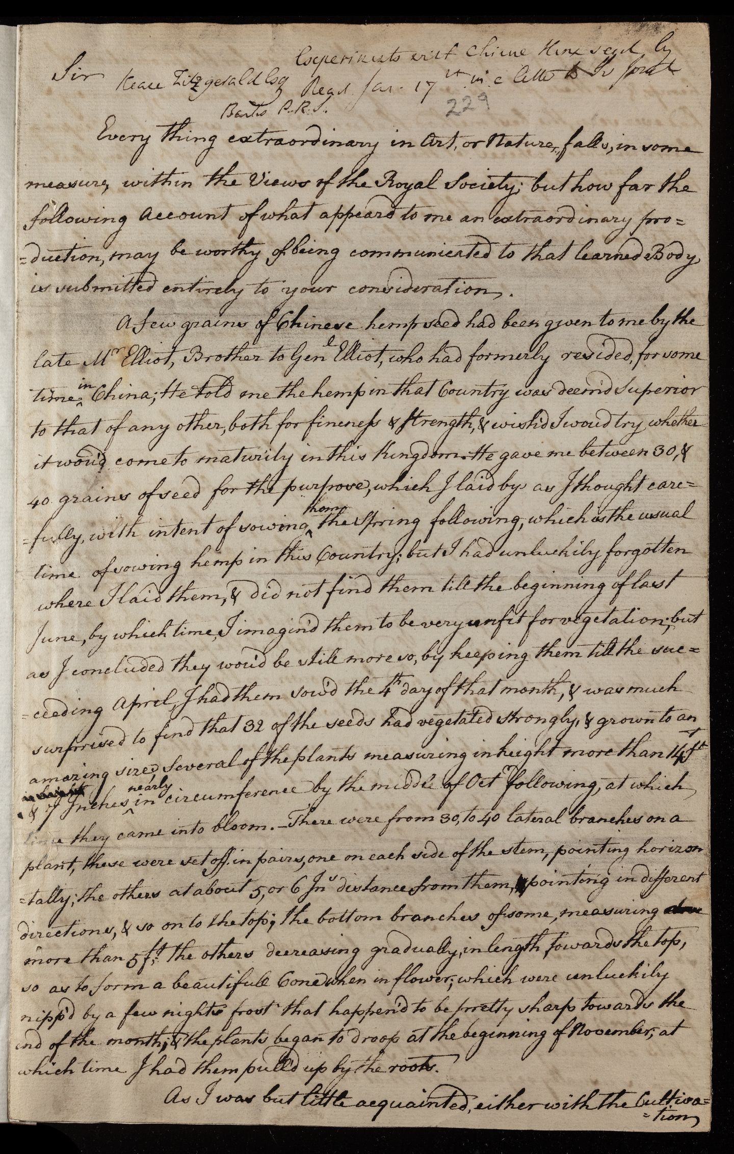 Letter, 'Experiments with Chinese hempseed' from Keane Fitzgerald to ...