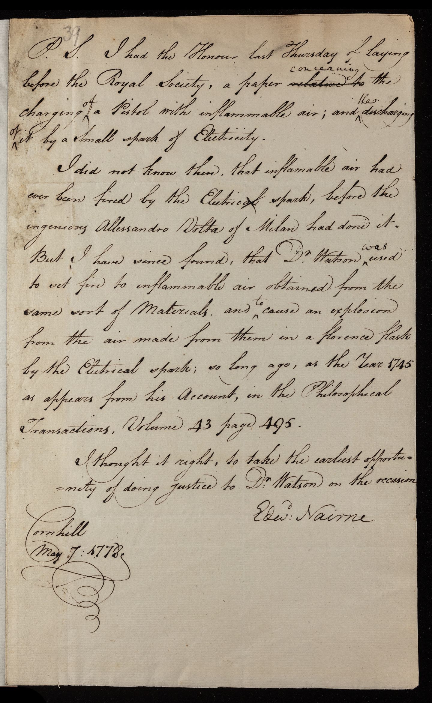 Letter, 'Firing a pistol charged with inflammable air by electricity ...