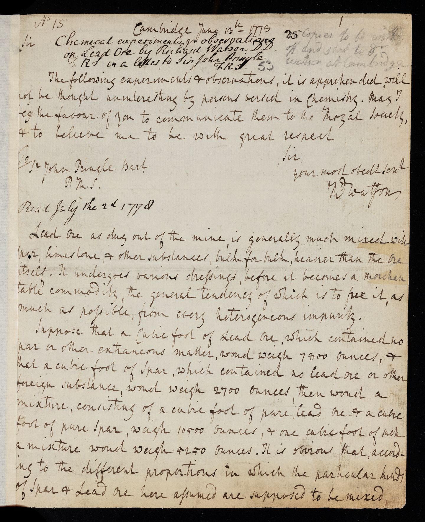 Letter, 'Chemical experiments and experiments on lead ore' from Richard ...