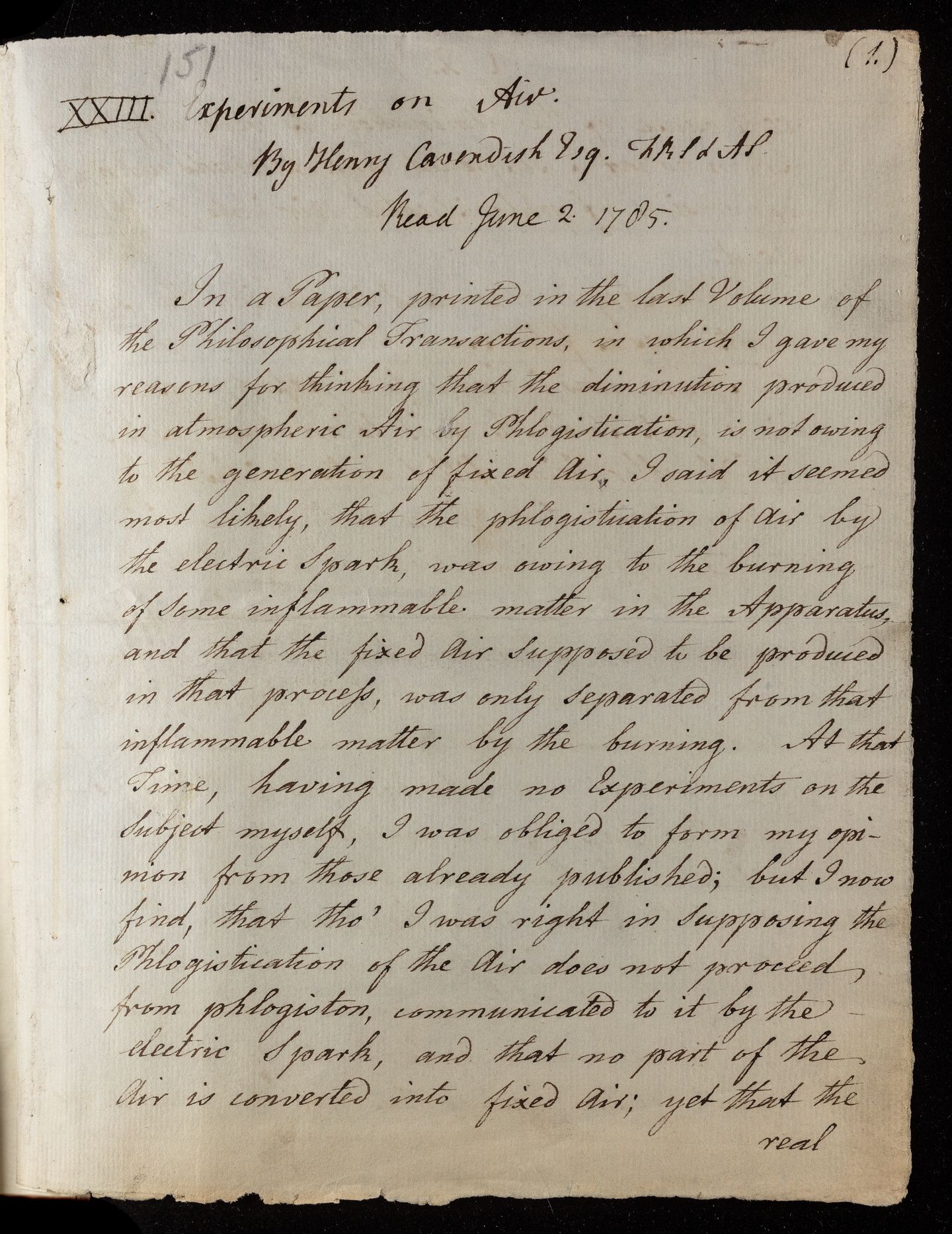 Paper, 'Experiments on air' by Henry Cavendish | The Royal Society ...