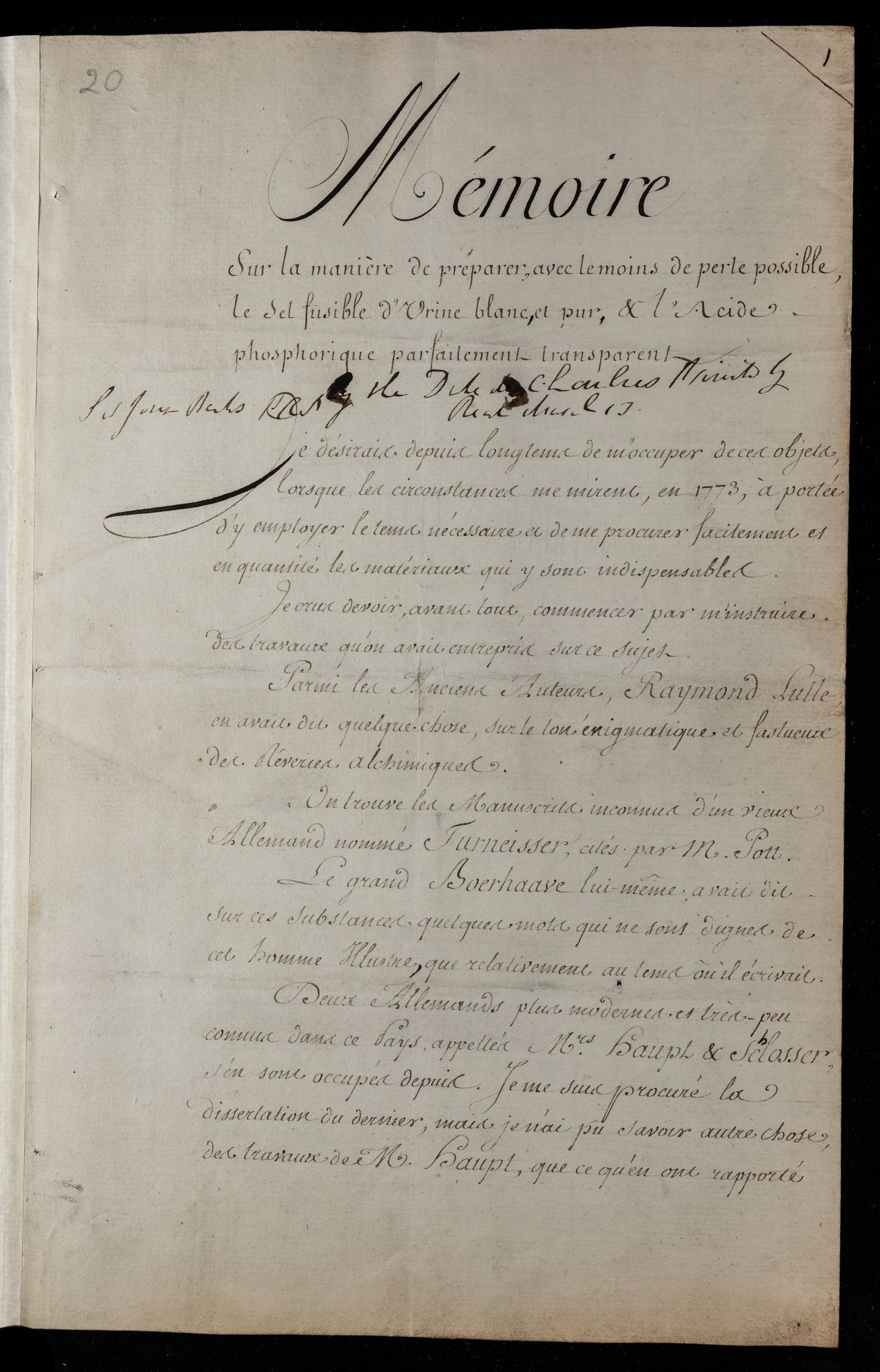 Paper, 'Memoire sur le maniere de preparer le sel fusible de l'urine ...