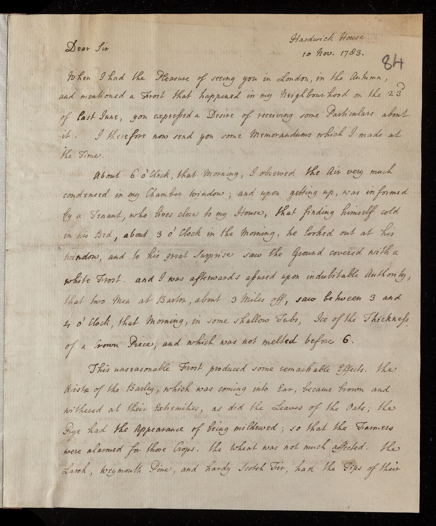 Letter, 'A remarkable frost at Harwick House on 23 June 1783' from John ...