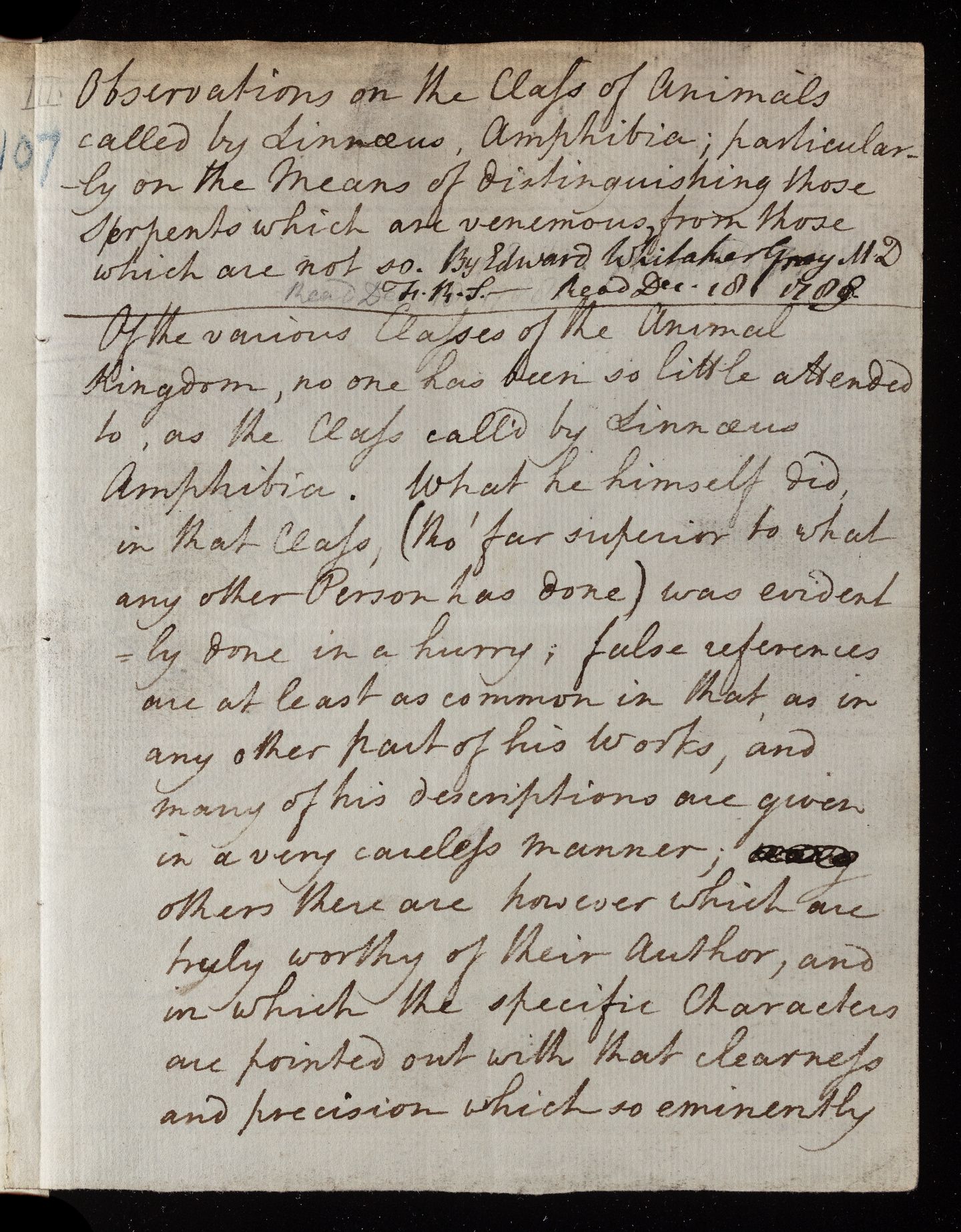 Paper, 'Observations on the class of animals called by Linnaeus ...