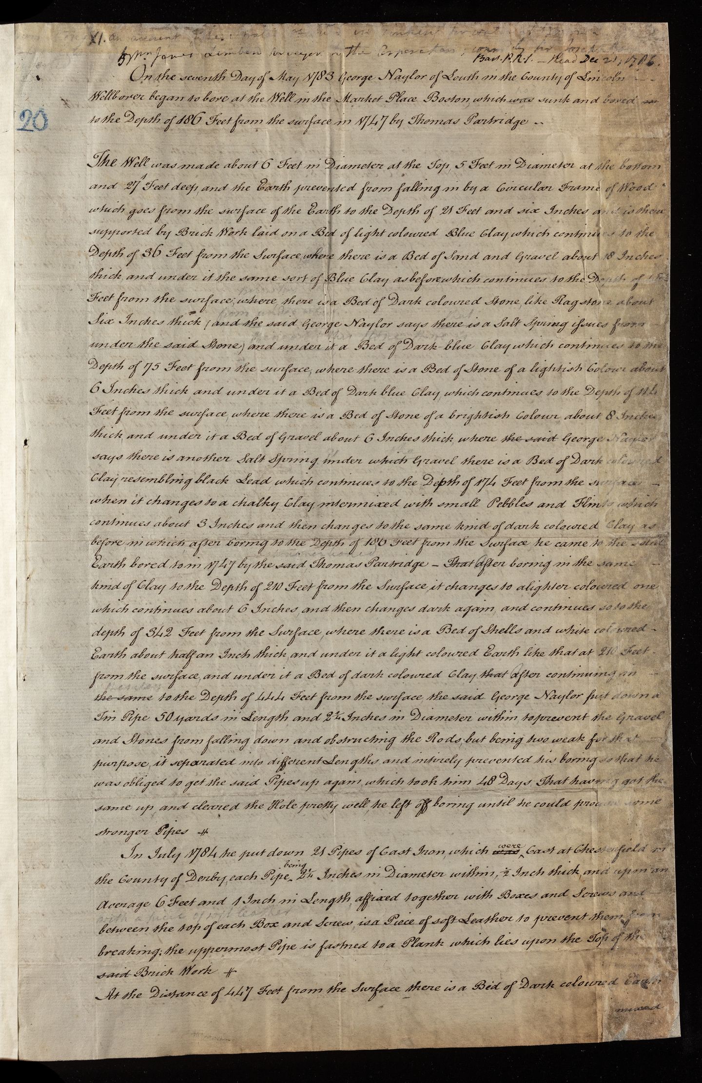 Letter, 'An account of the strata observed in sinking for water at ...