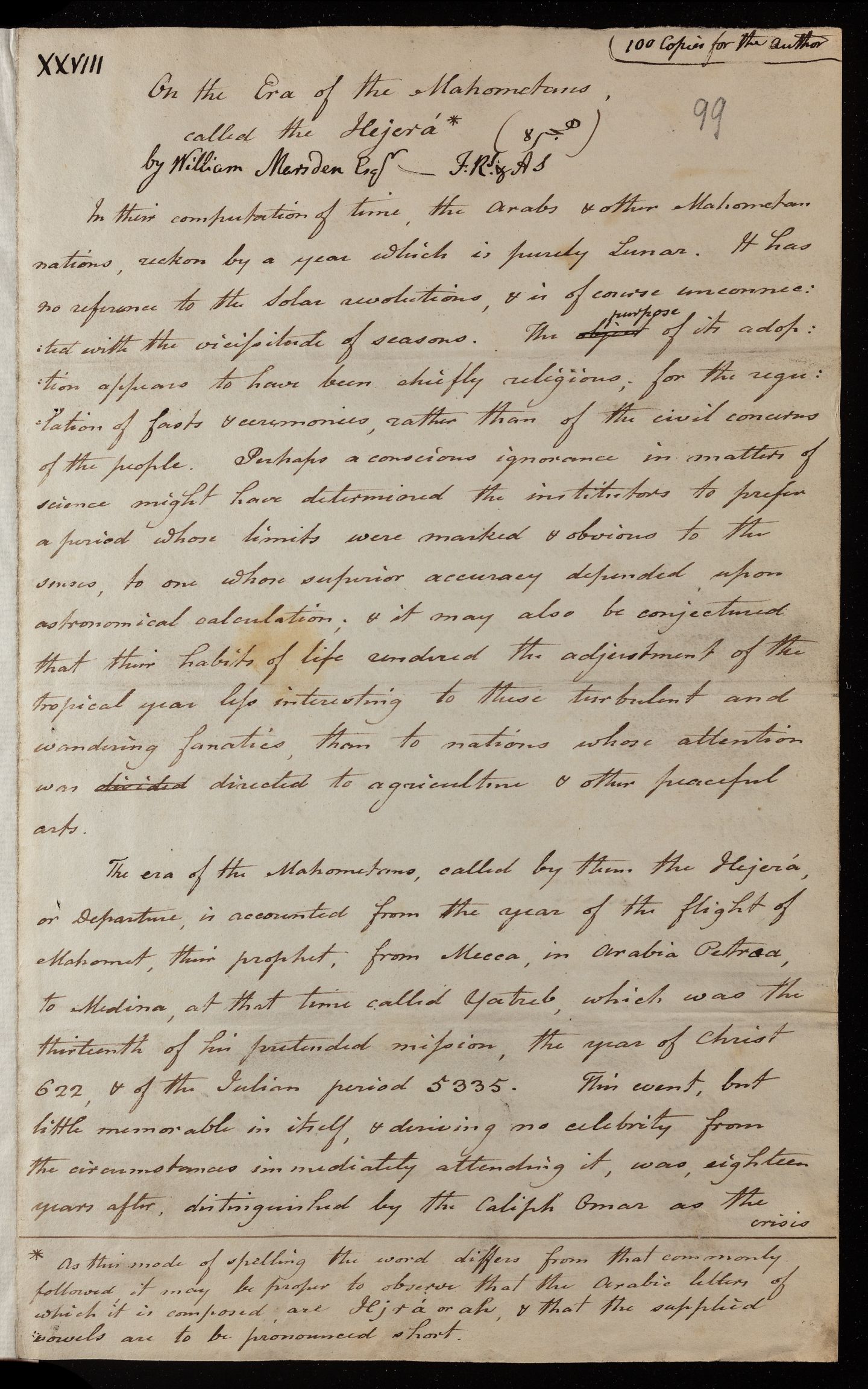 Paper, 'On the era of the Mohometans called the Hejerà' by William ...