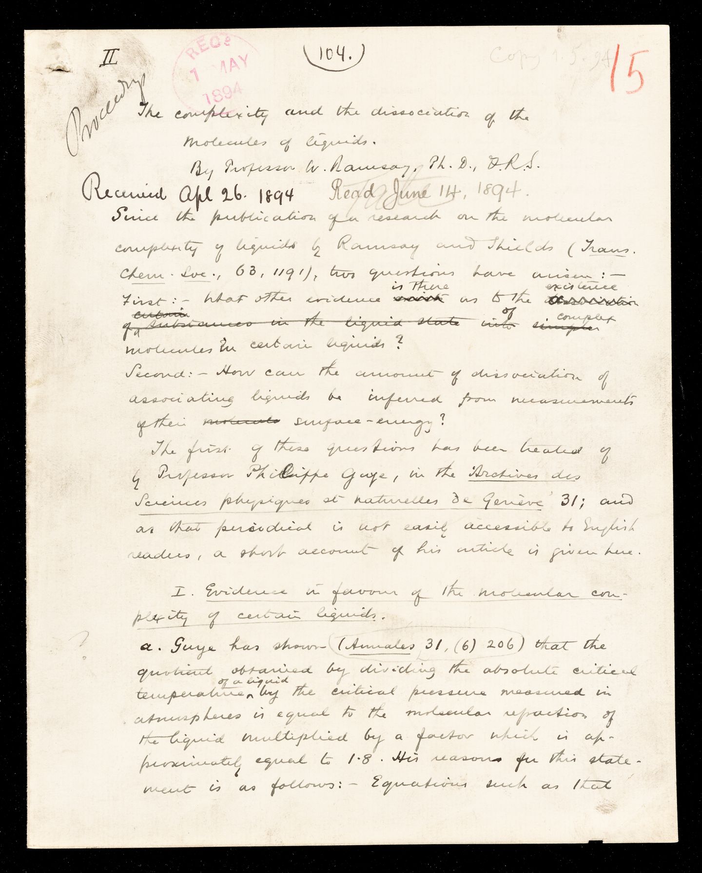 Paper, 'The complexity and the dissociation of the molecules of liquids ...