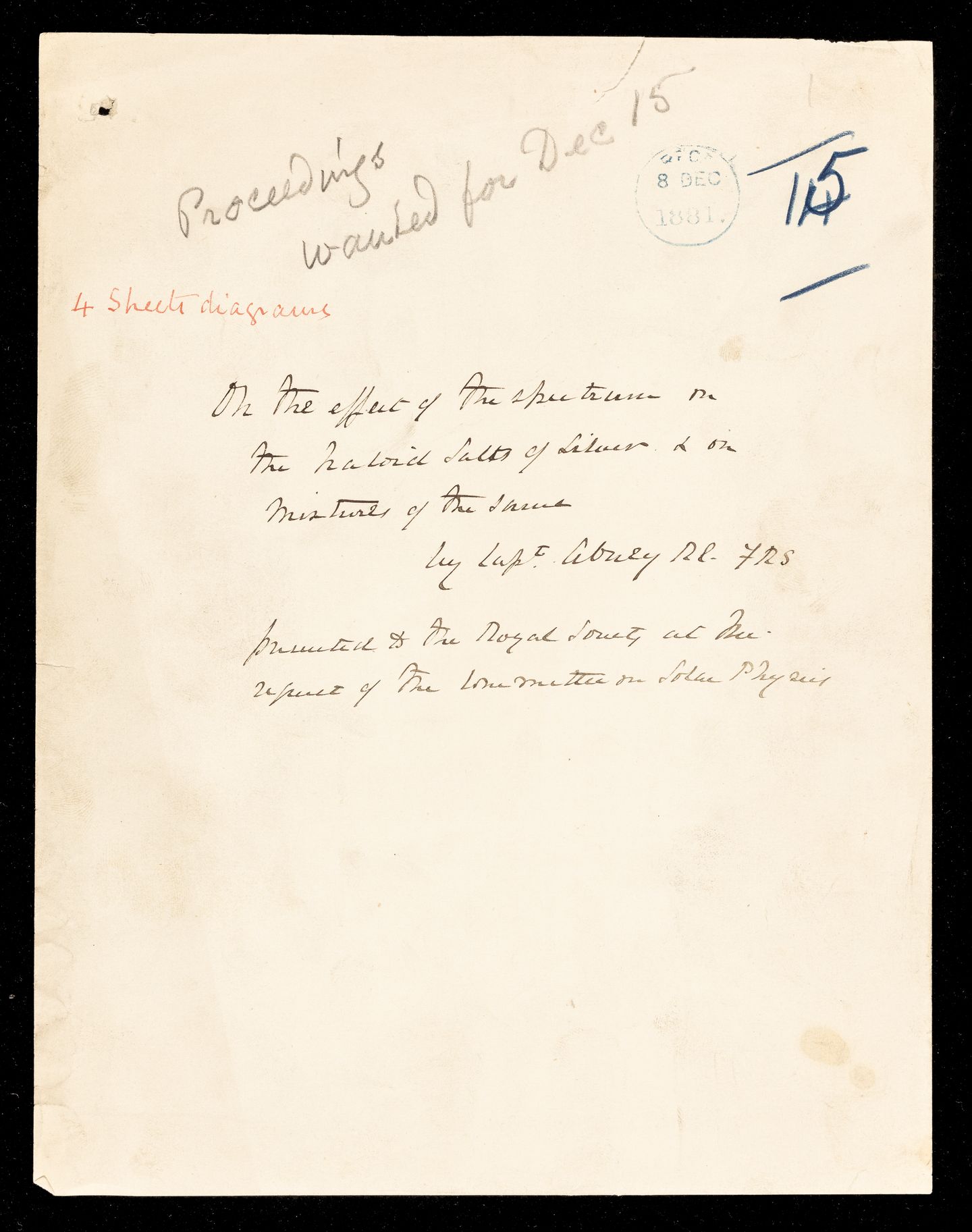 Paper, 'On the effect of the spectrum on the haloid salts of silver and ...