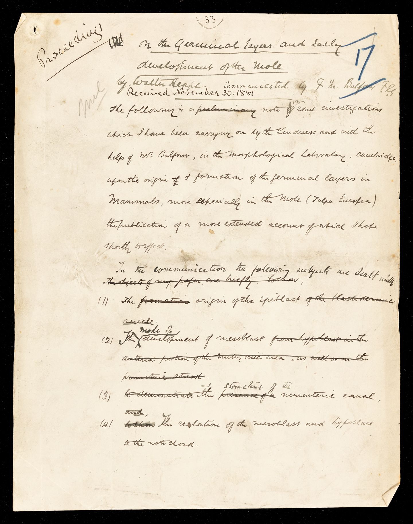 Paper, 'On the germinal layers and early development of the mole' by ...