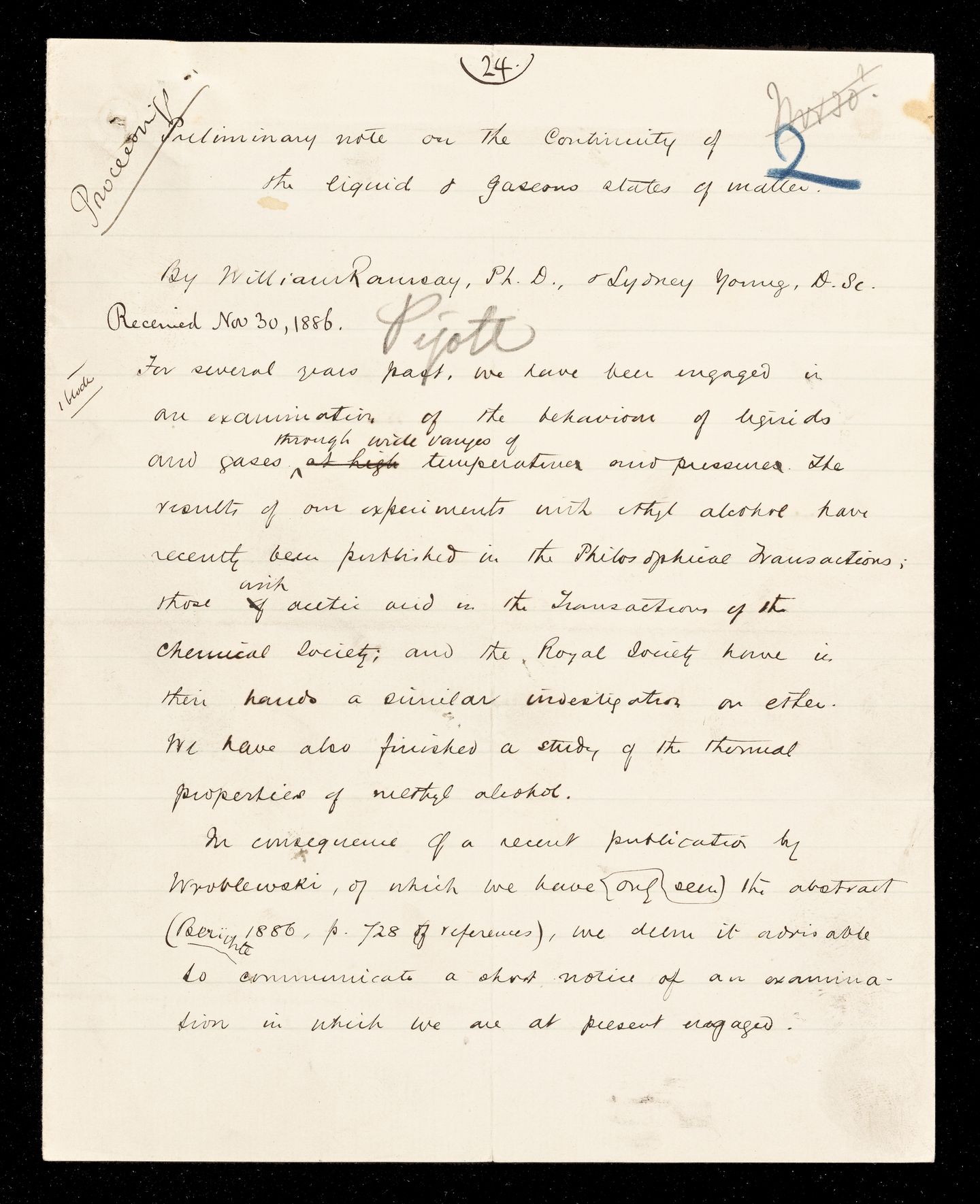 Paper, 'Preliminary note on the continuity of the liquid and gaseous ...