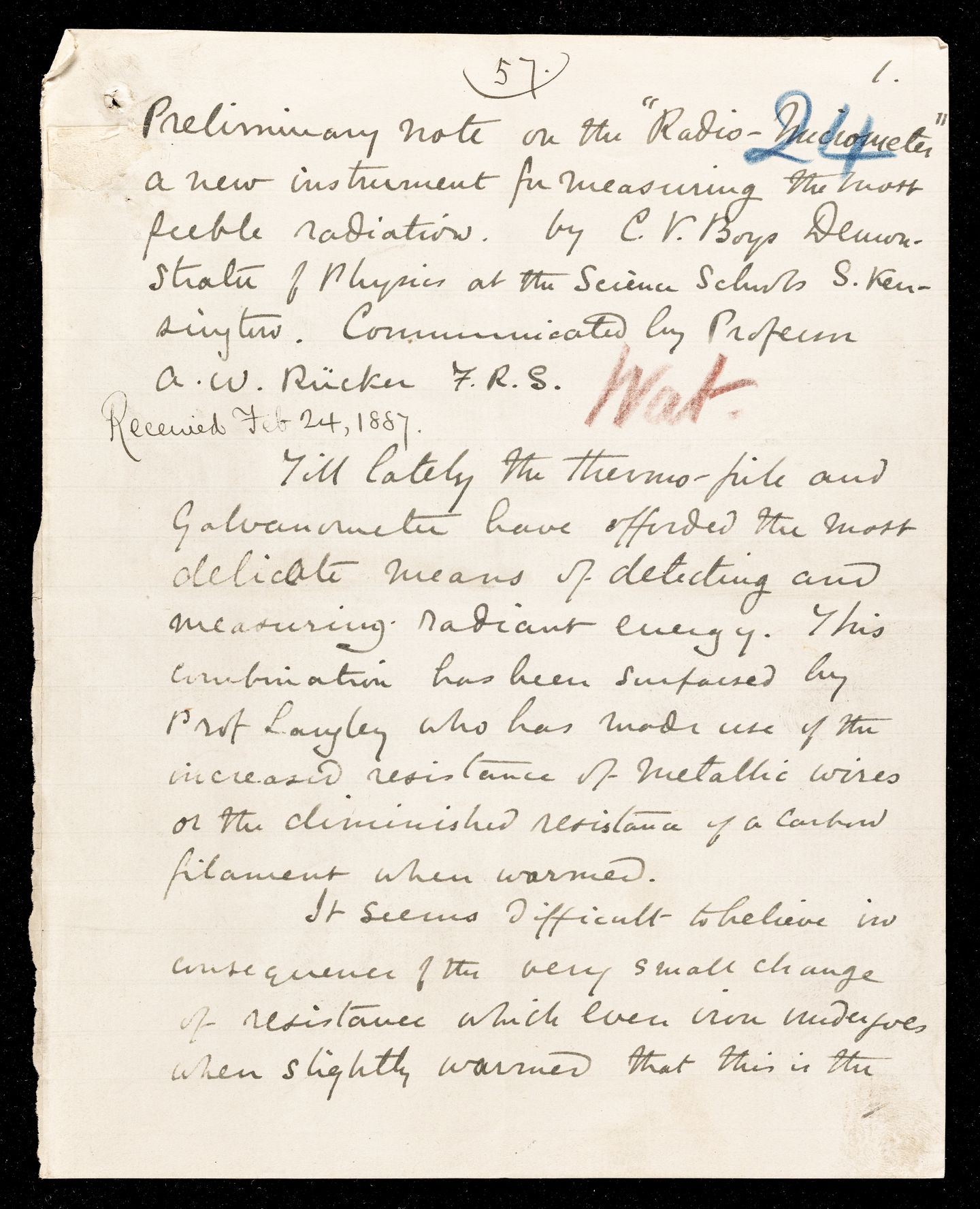 Paper, 'Preliminary note on the "radio-micrometer" a new instrument for ...