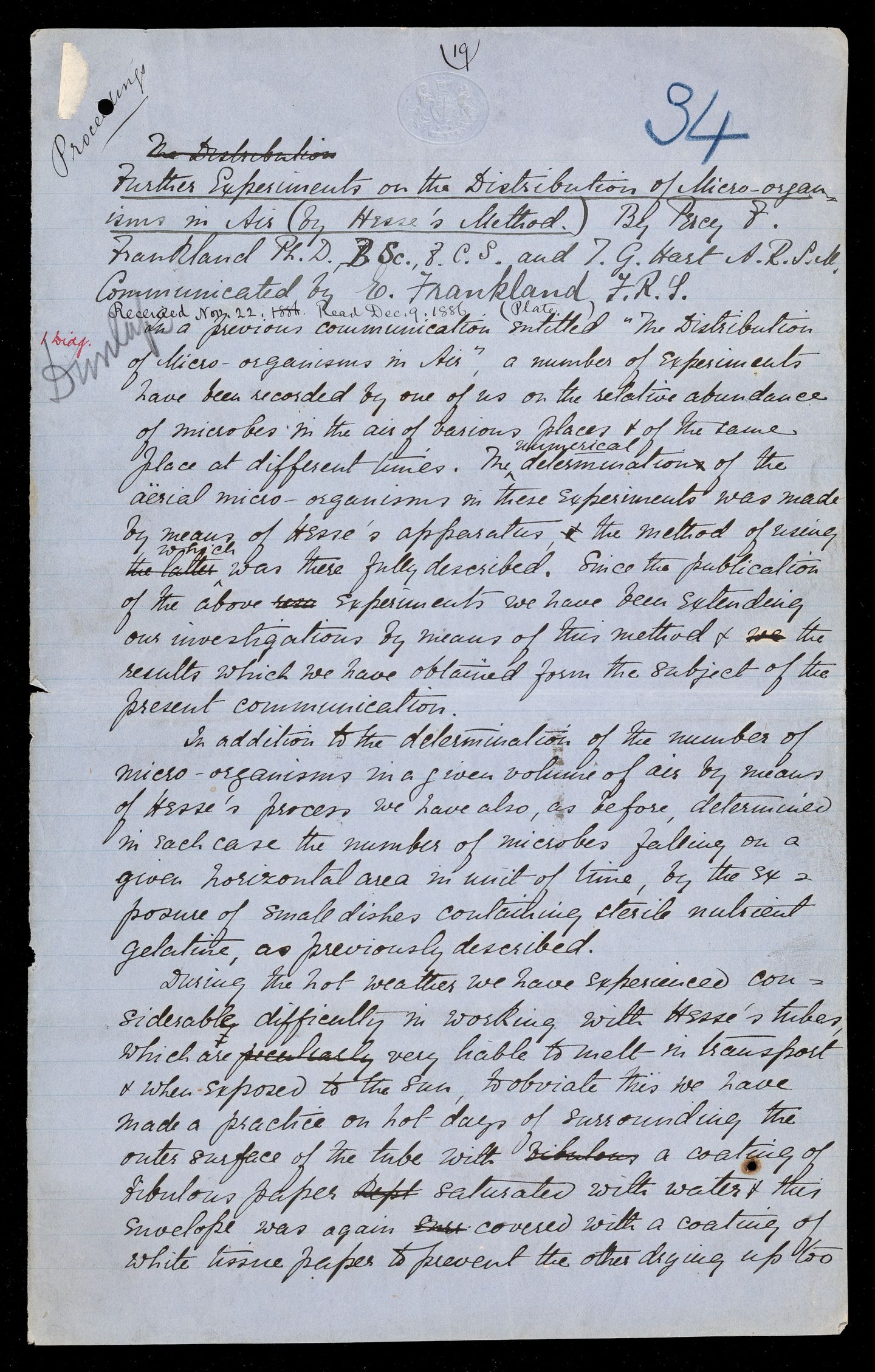 Paper, 'Further experiments on the distribution of micro-organisms in ...