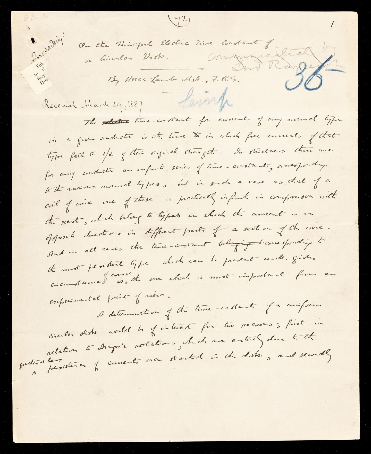 Paper, 'On the principal electric time-constant of a circular disk' by ...