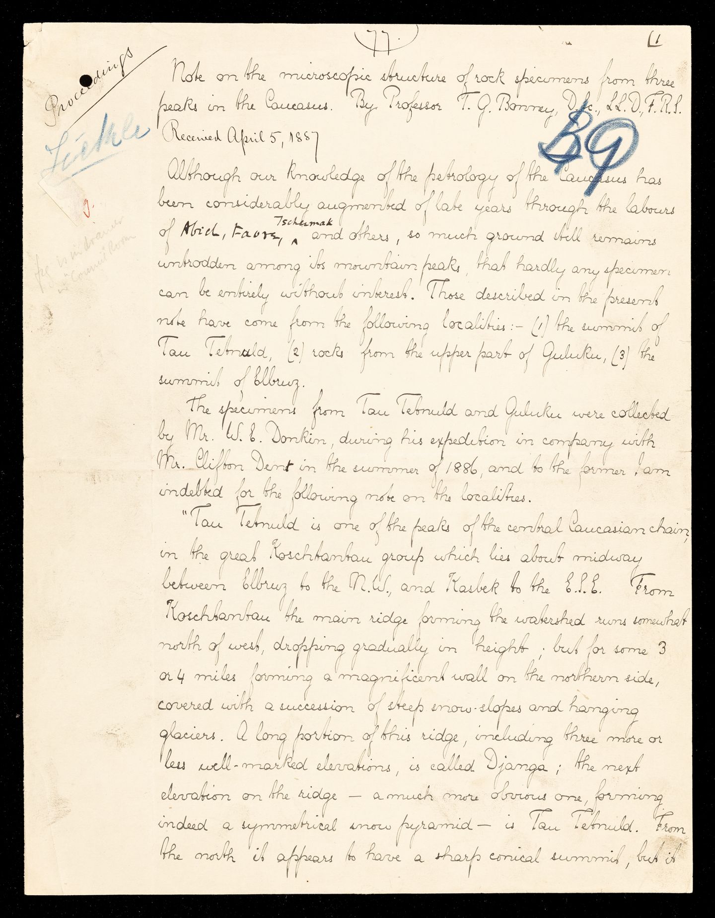 Paper, 'Note on the microscopic structure of rock specimens from three ...