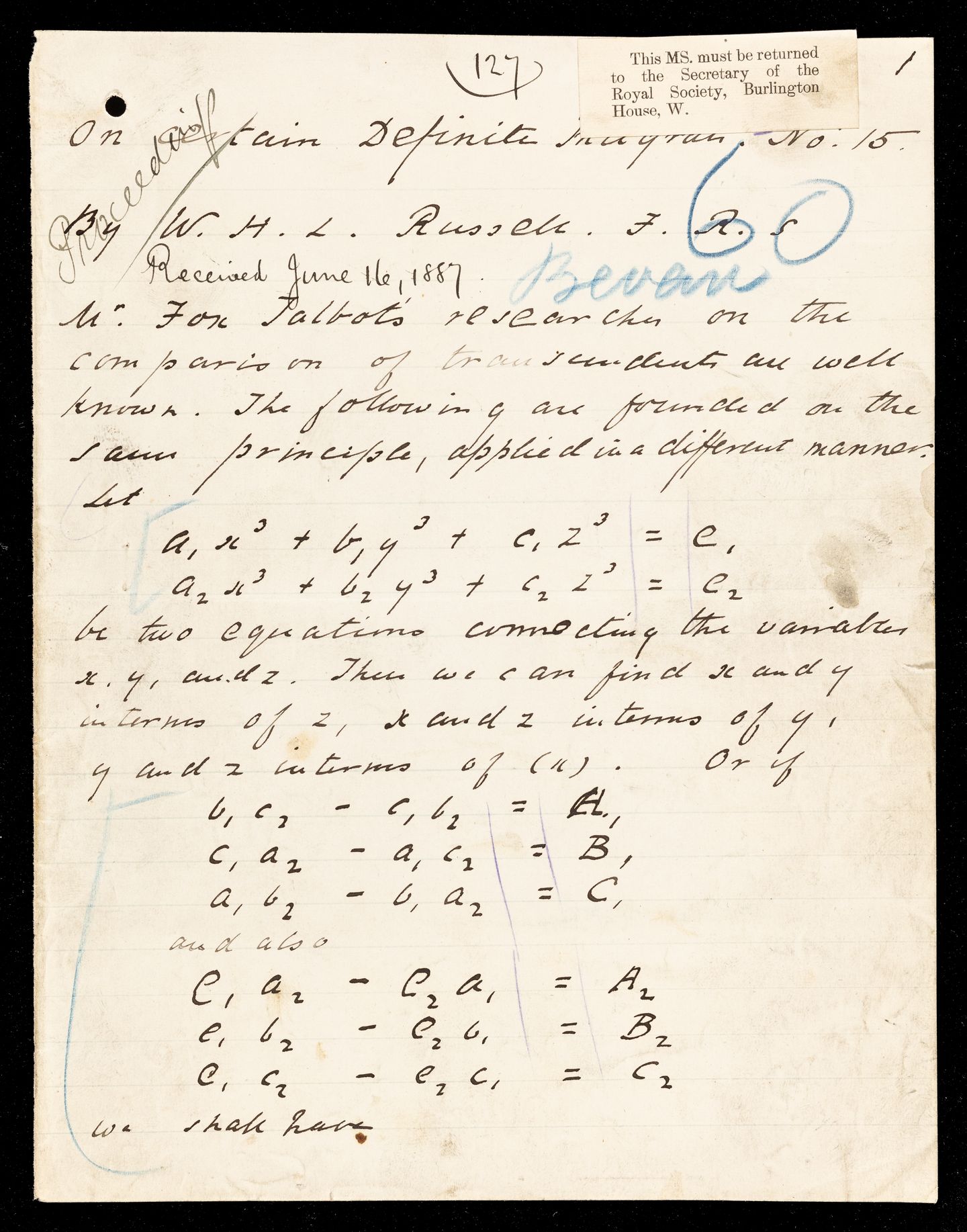 Paper, 'On certain definite integrals. No 15' by W H L [William Henry ...