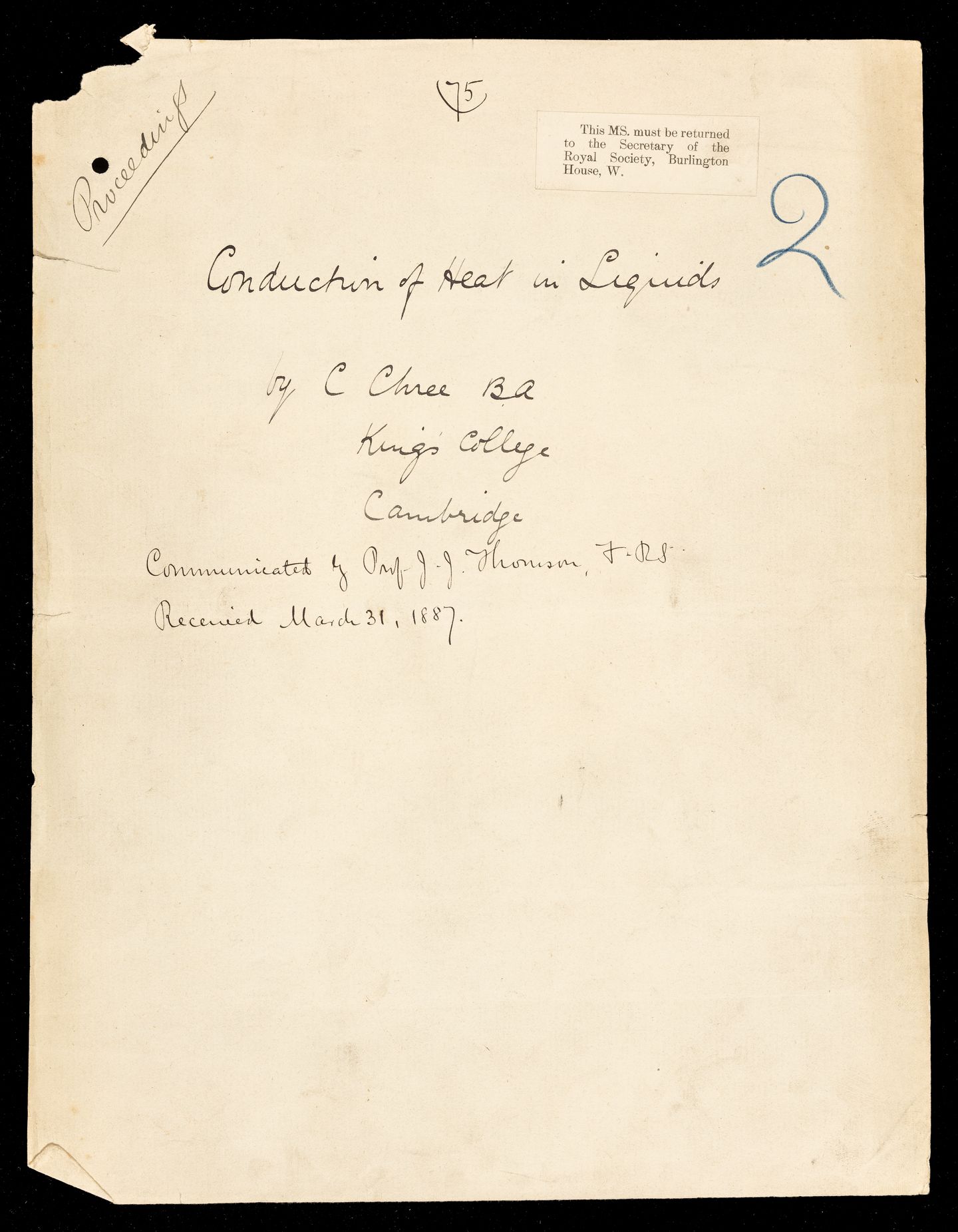 Paper, 'Conduction of heat in liquids' by C [Charles] Chree | The Royal ...