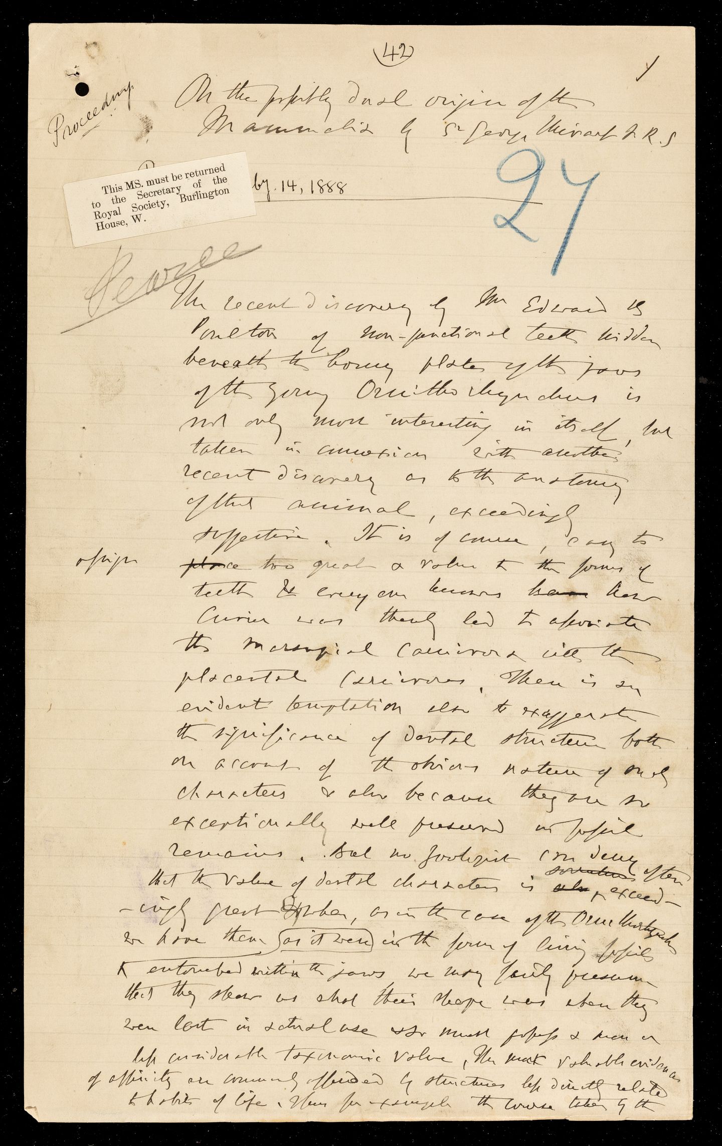 Paper, 'On the possibly dual origin of the mammalia' by St George ...