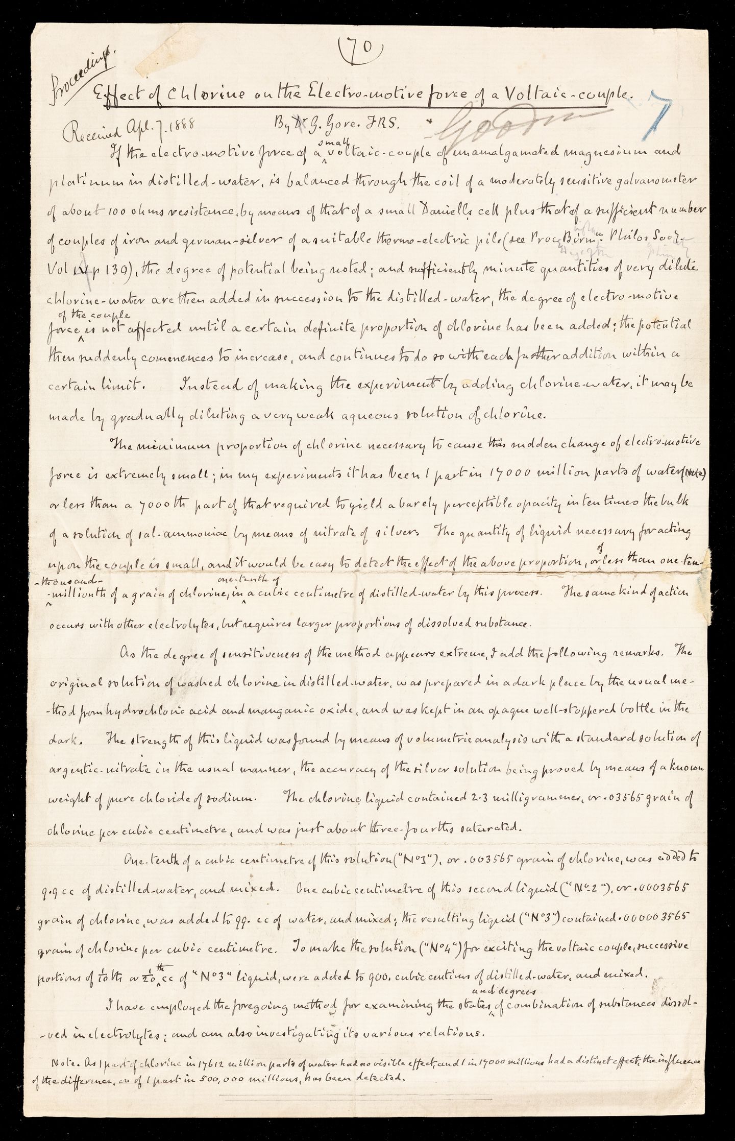 Paper, 'Effect of chlorine on the electro-motive force of a voltaic ...