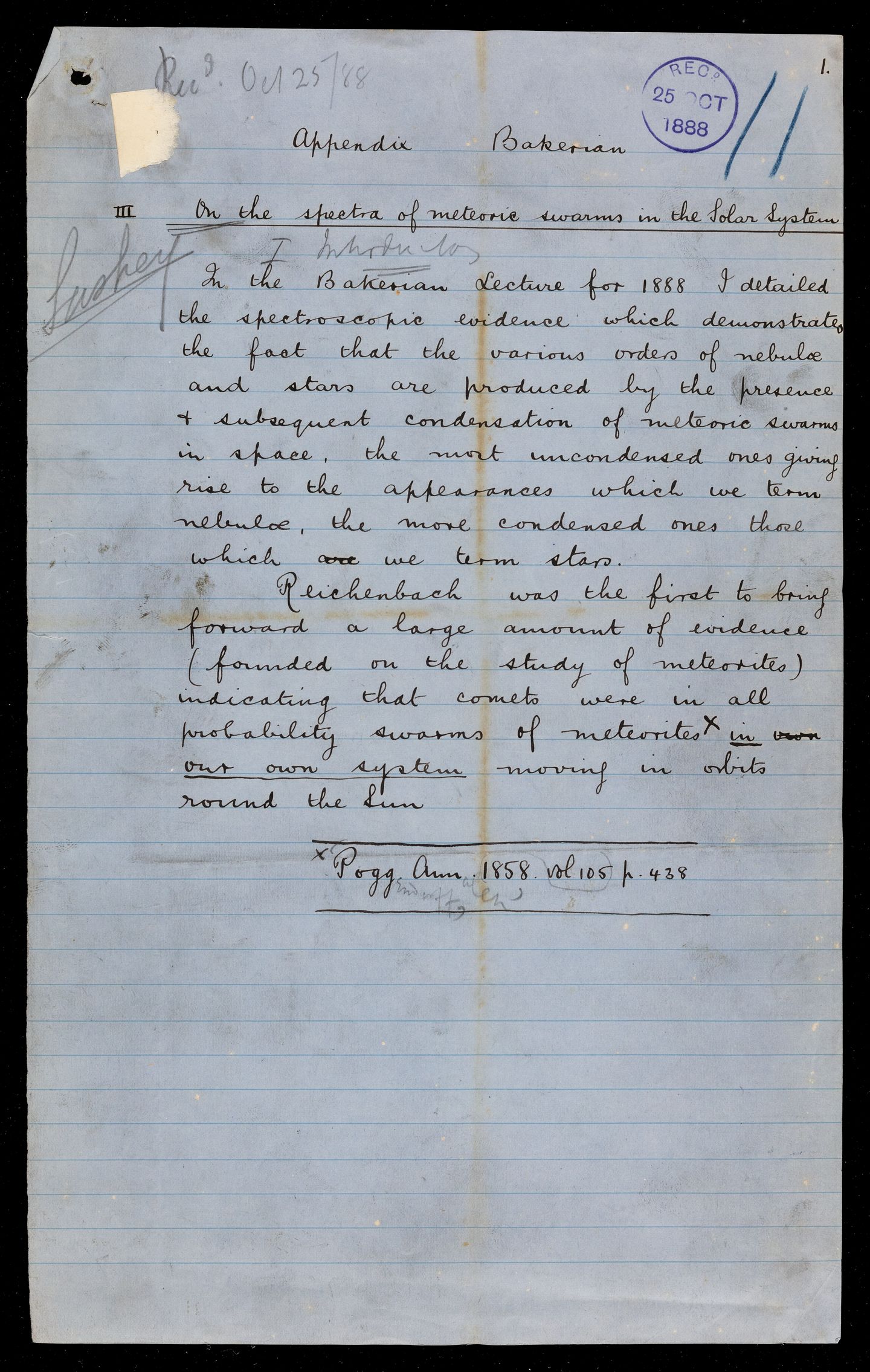 Paper, 'Appendix Bakerian: III On the spectra of meteoric swarms in the ...