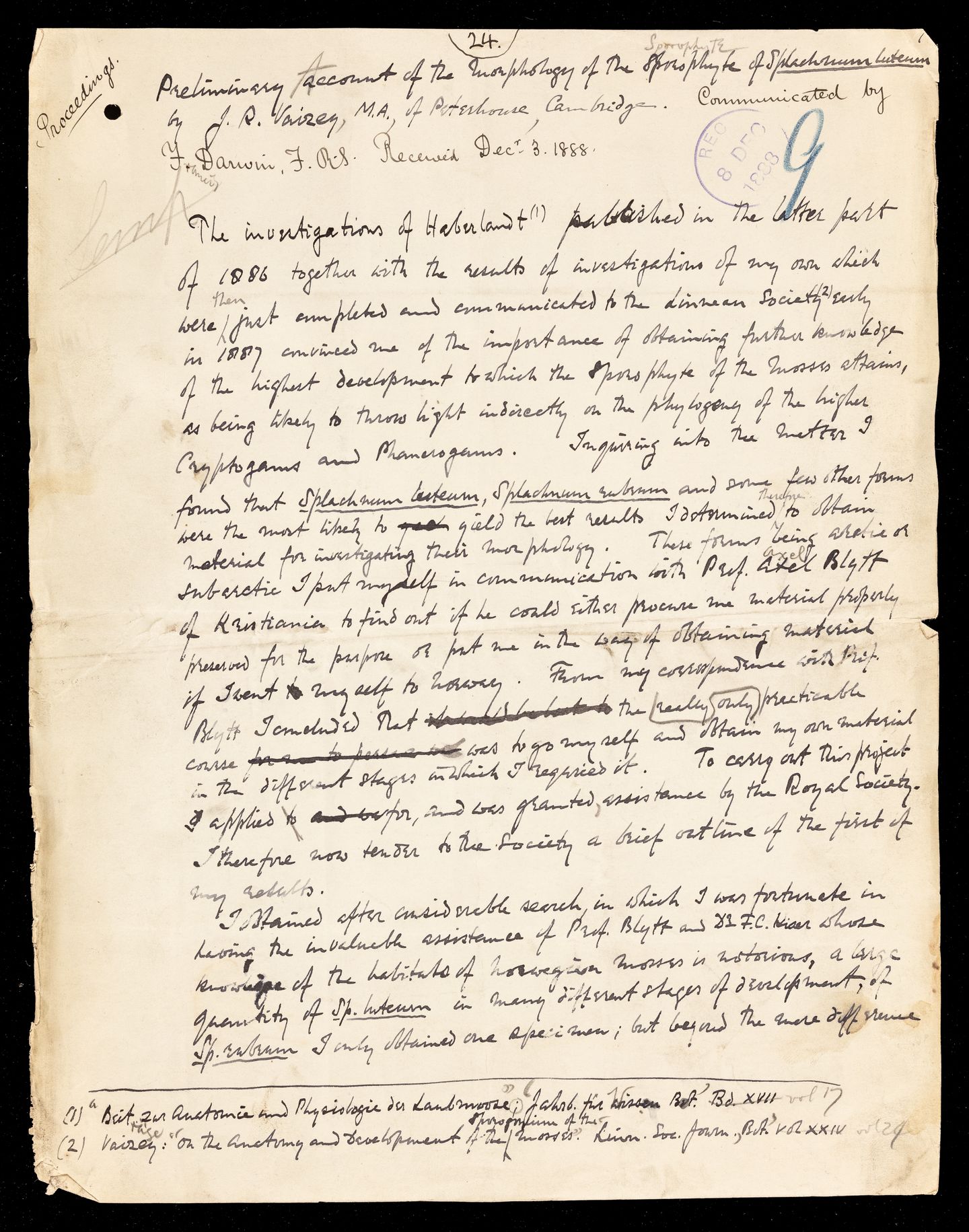 Paper, 'Preliminary account of the morphology of the sporophyte of ...