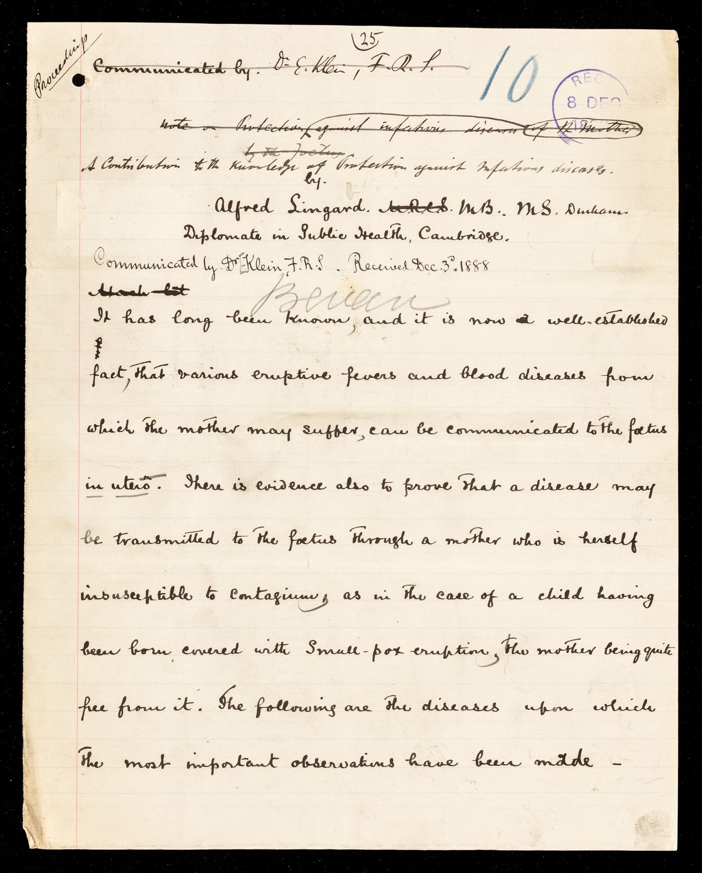 Paper, 'A contribution to the knowledge of protection against ...