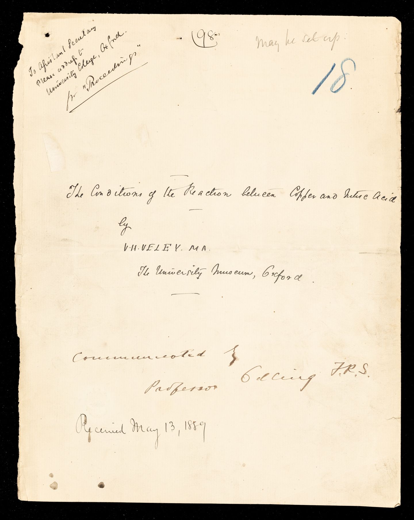 Paper, 'The conditions of the reaction between copper and nitric acid ...