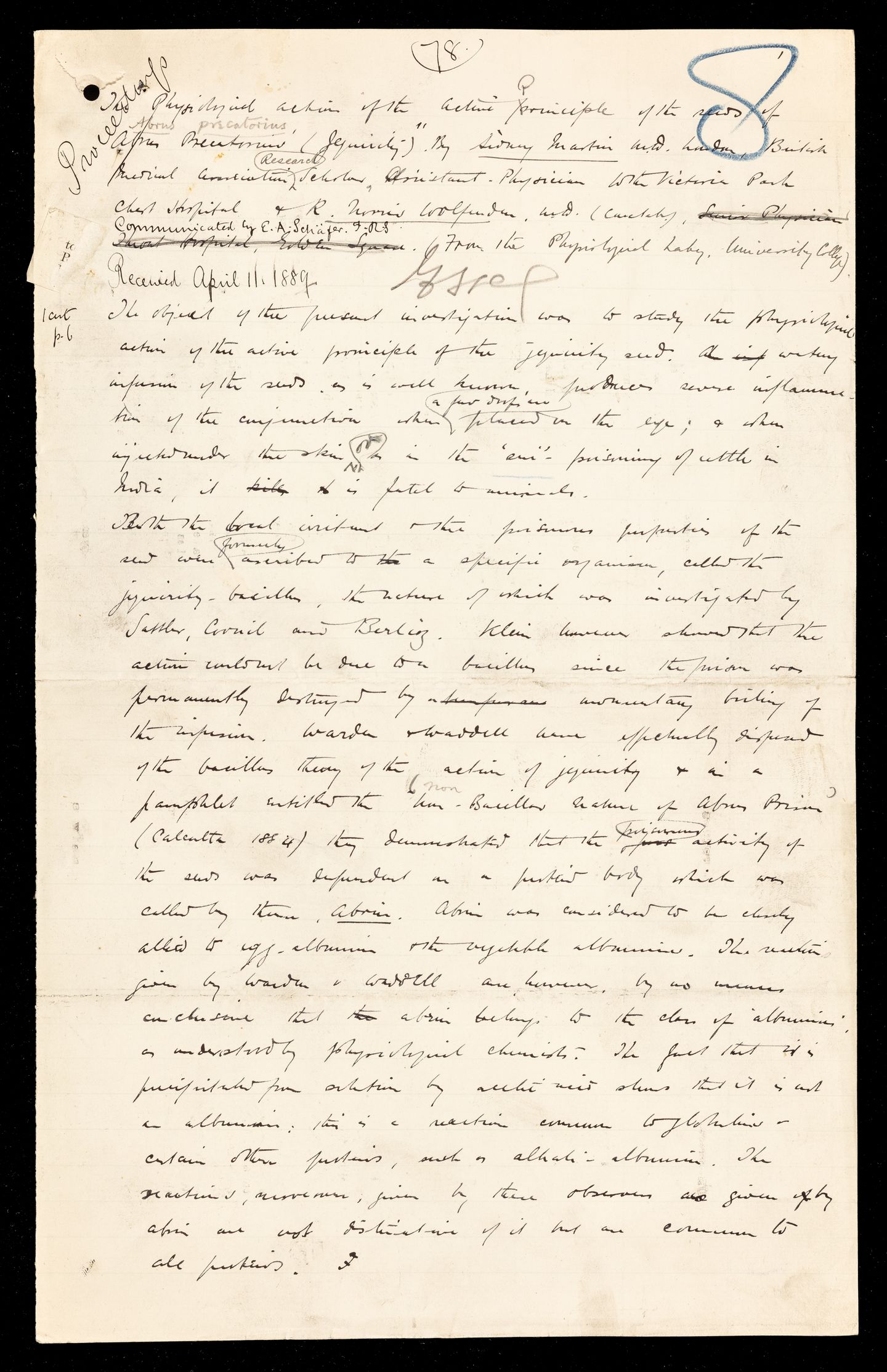 Paper, 'Physiological action of the active principle of the seeds of ...