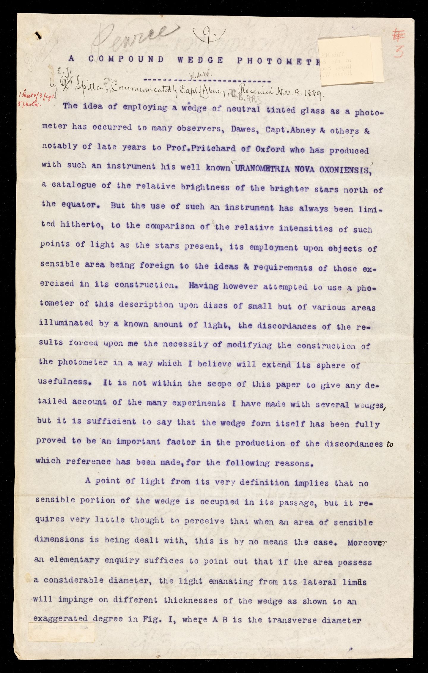 Paper, 'A compound wedge photometer' by E J [Edmund Johnson] Spitta ...