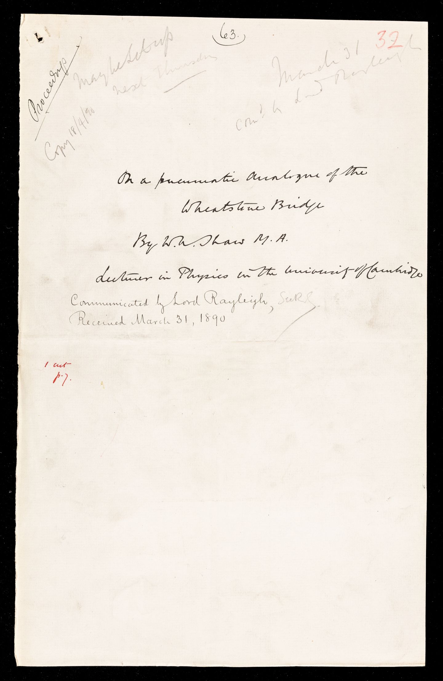 Paper, 'On a pneumatic analogue of the Wheatstone bridge' by William ...