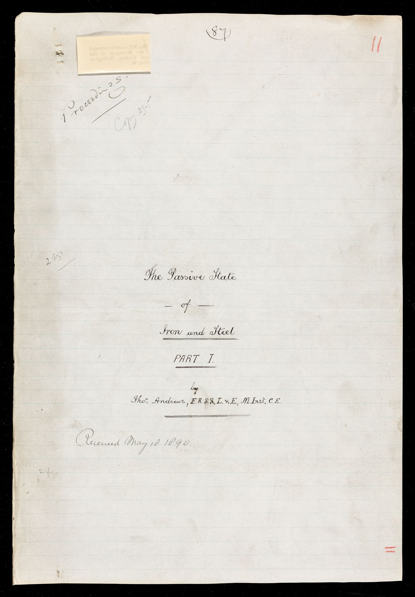 Paper, 'The passive state of iron and steel. Part I' by Thomas Andrews ...