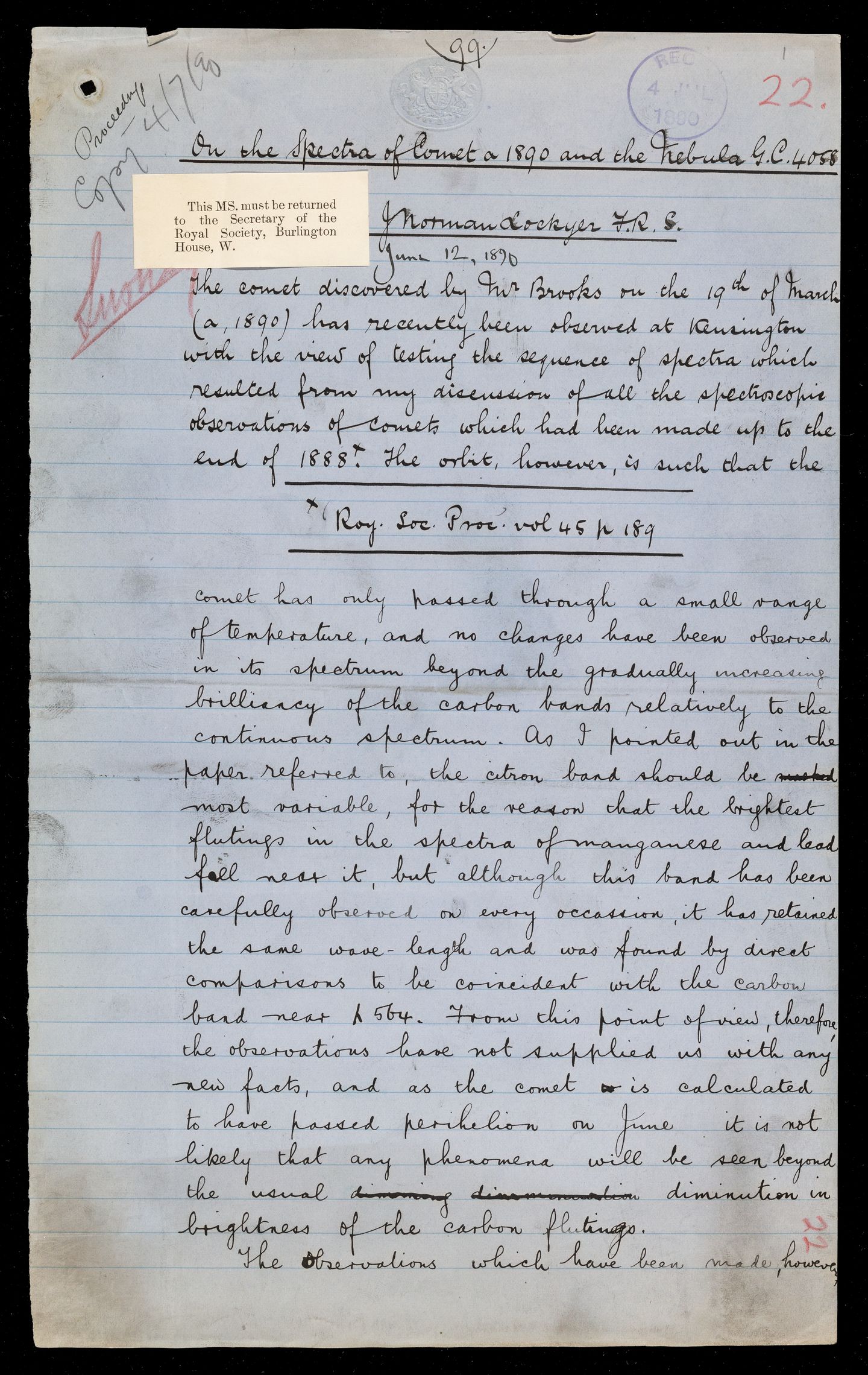 Paper, 'On the spectra of comet a 1890 and the nebula G C 4058' by J ...